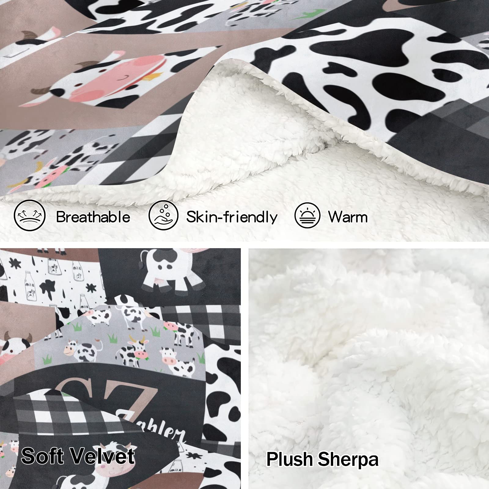 NZOOHY Cow Print Patchwork Personalized Baby Blanket for Girl Boy Soft Warm Newborn Throw Naps Swaddle Custom Blanket 30X40 in