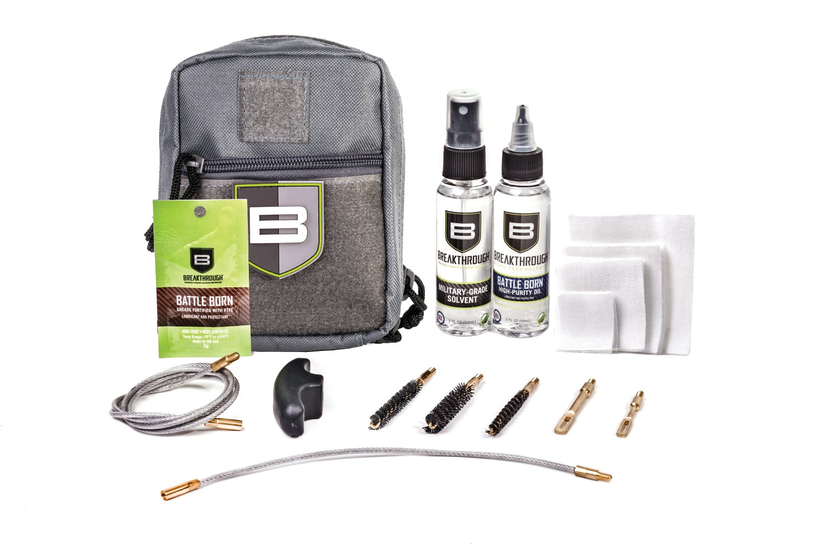 Breakthrough Clean Pull Through Cleaning Kit - QWIC-MIL Gun Cleaning Kit with Oil and Cleaner for .223 / .30 /.308 / .38 Cal. and 5.56 / 9mm - Nylon Pouch - Gray