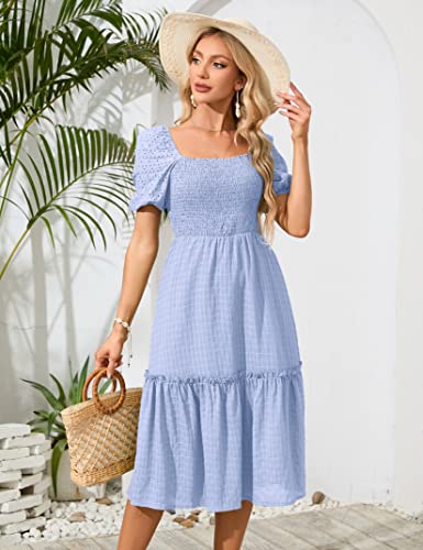 MURMUREY Womens Summer Puff Short Sleeve Boho Smocked Dress Square Neck Empire Waist A Line Layered Midi Dresses