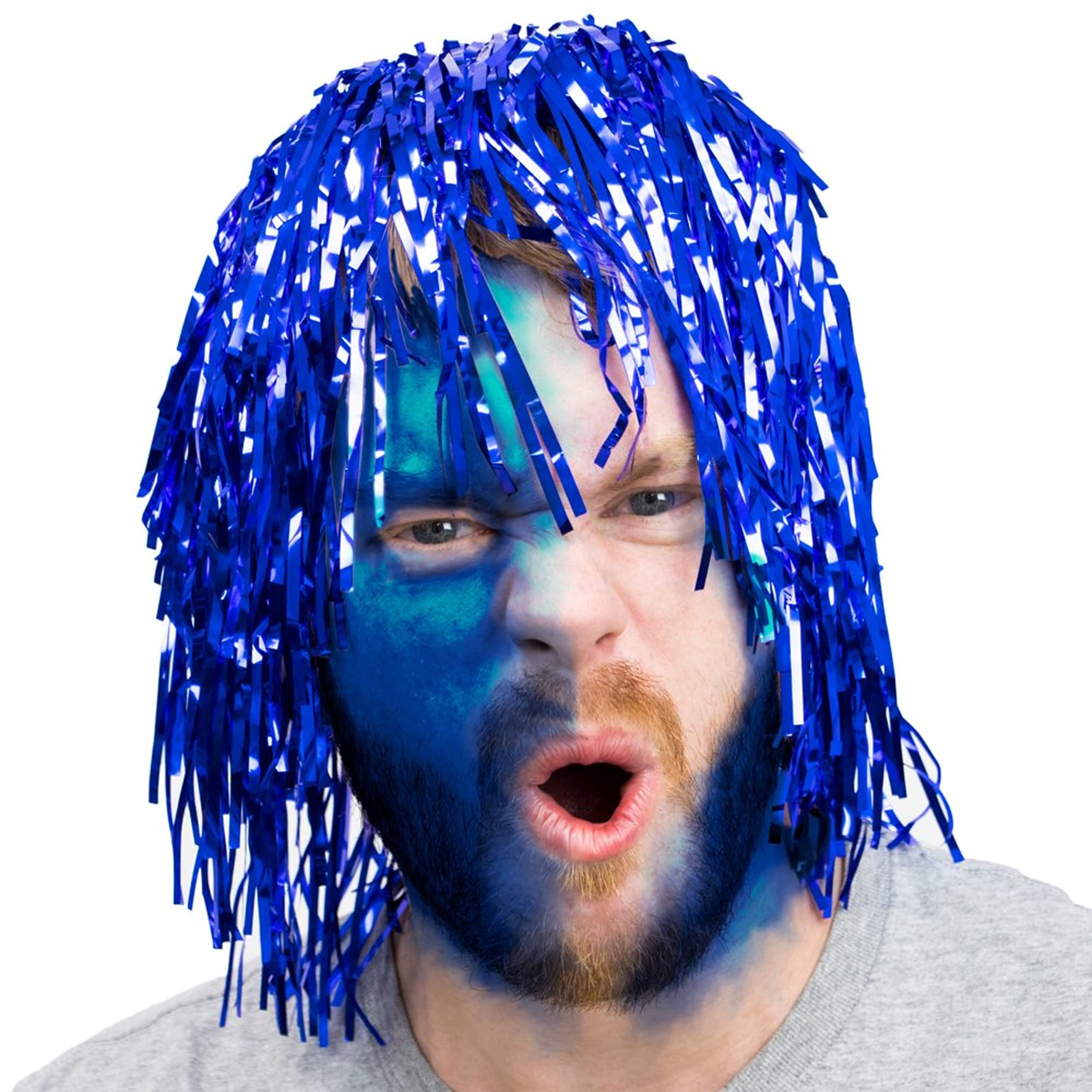 Tinsel Wigs, 6-Pack - Fake Foil Hair Props - Halloween, Events, Arts & Crafts (Blue)