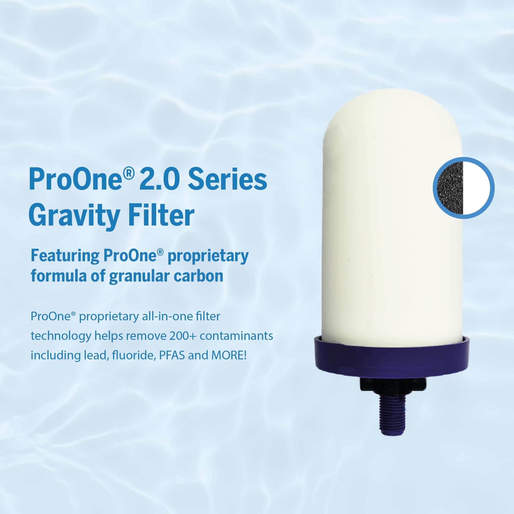 ProOne Traveler+ Stainless-Steel Gravity Filter System, 2.25-Gallon Water Capacity, Countertop Water Dispenser for Home & Travel with One 5โ Filter & Wire Stand, Independently Tested Proven to Reduce
