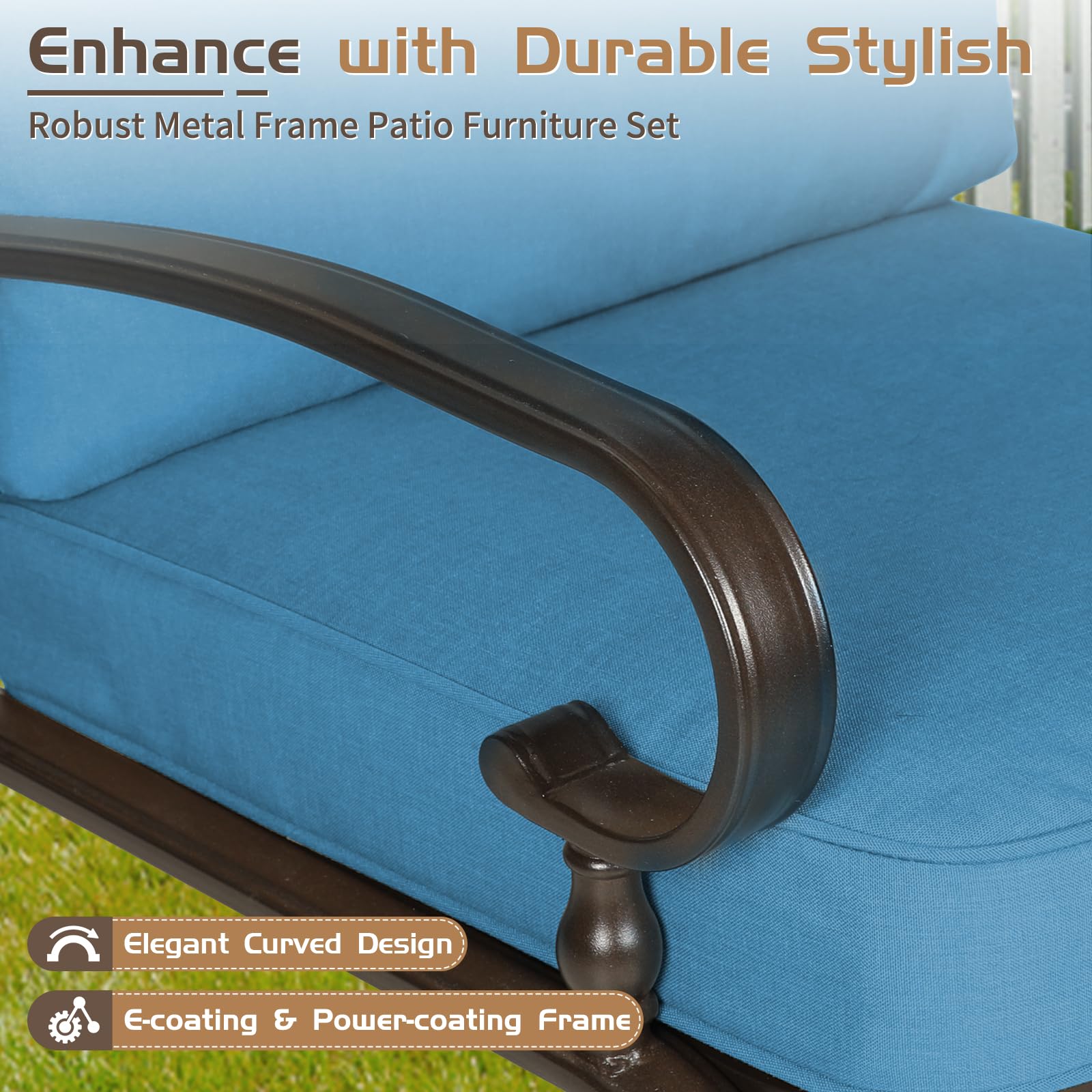 Oakmont 5Pcs Outdoor Furniture Patio Conversation Sets Loveseat, 2 Motion Spring Chairs with Coffee Table, Metal Frame Chair Set (Peacock Blue)