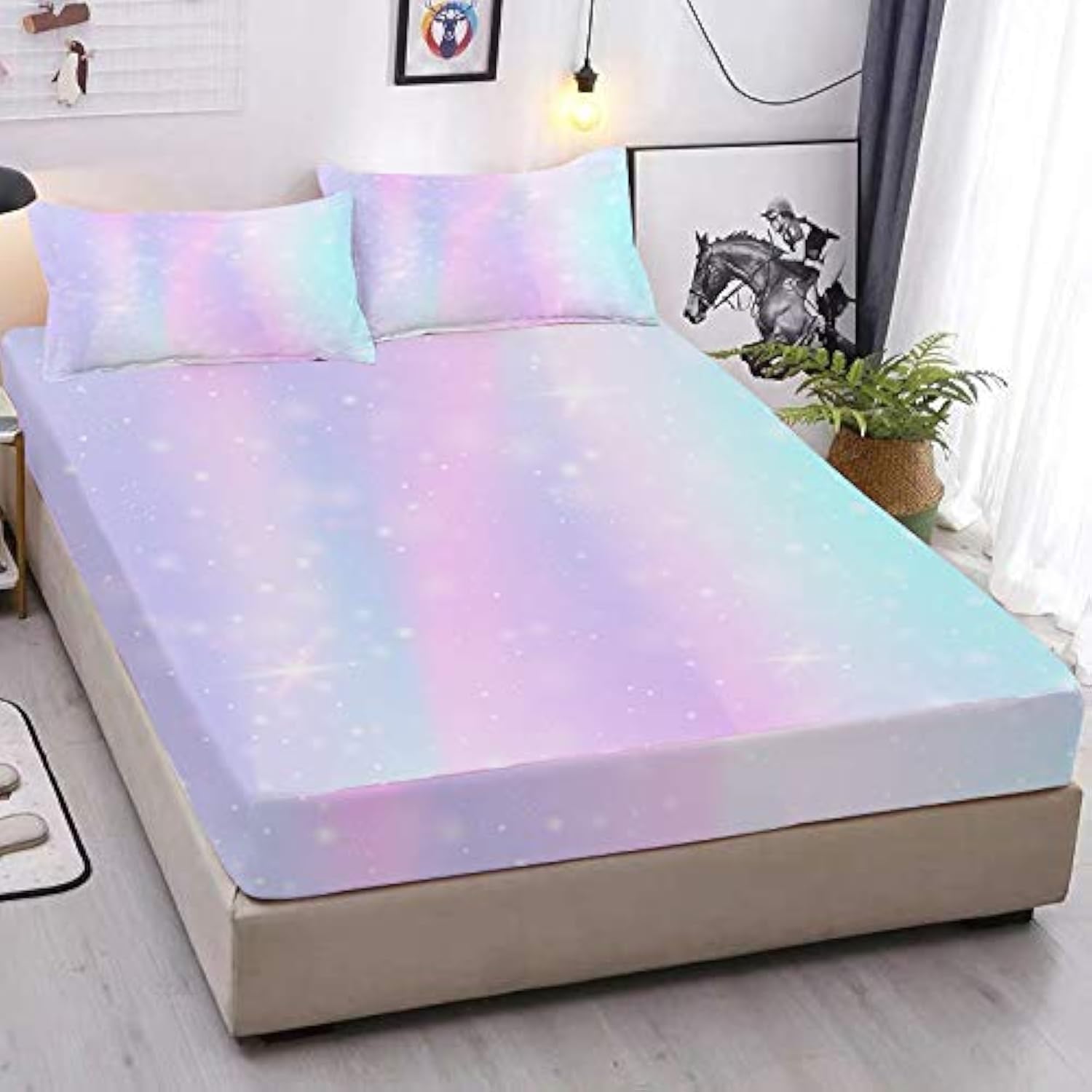 MUSOLEI Colorful Girls Fitted Sheet Set Rainbow sheets, 3D Rainbow Twin Bedding Set girl bed sheets 2PCS Boho 1 Fitted Sheet with 2 Pillowcases Wrinkle Free Cozy Microfiber Twin sheets for girls(full)