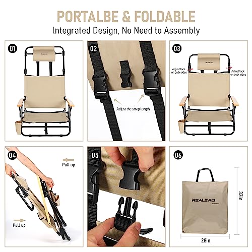 REALEAD Reclining Beach Chairs for Adults - Extendable High Back Low Profile Beach Chair with Headrest, Cooler Pouch, Cup Holder, 4-Position Lay Flat Folding Beach Chairs Heavy Duty Support 330LBS