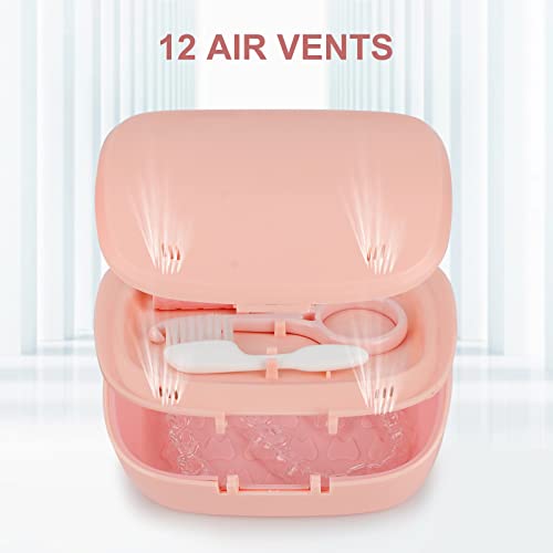 MURRI&MURRDI Retainer Case,Denture Case,Denture Bath Box with Strainer Basket,Cute Denture Holder Storage Soak Container for Travel Cleaning, Mouth Guard Case, Braces cleaner Cup (H Pink)