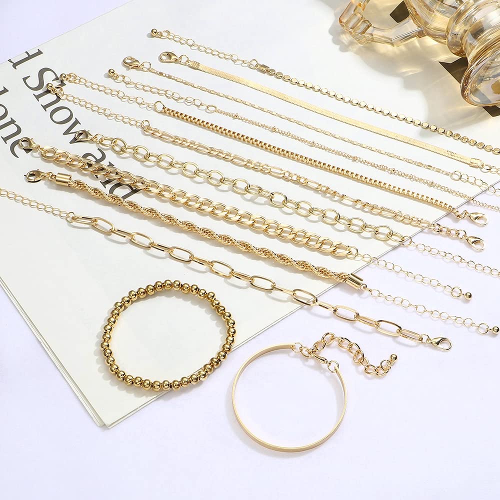 FINREZIO 12PCS Gold Chain Bracelets Set for Women, Dainty Link Beaded Cuban Chunky Cable Chain Bracelets, 14K Gold Plated Stackable Bracelets Adjustable Jewelry