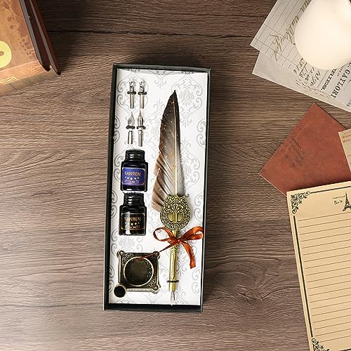 TIANREN Feather Pen and Ink Set,quill pen ink set,Antique Calligraphy Pen with 4 Replaceable Nibs,2 Bottle of ink,Pen Holder Christmas Gift for Men&Women.(Gray)