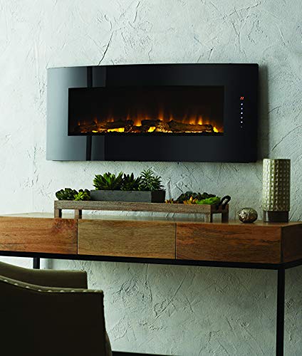 Muskoka 42" Contemporary Curved Front Slim Line Wall Mount Infrared Electric Fireplace, Black Glass