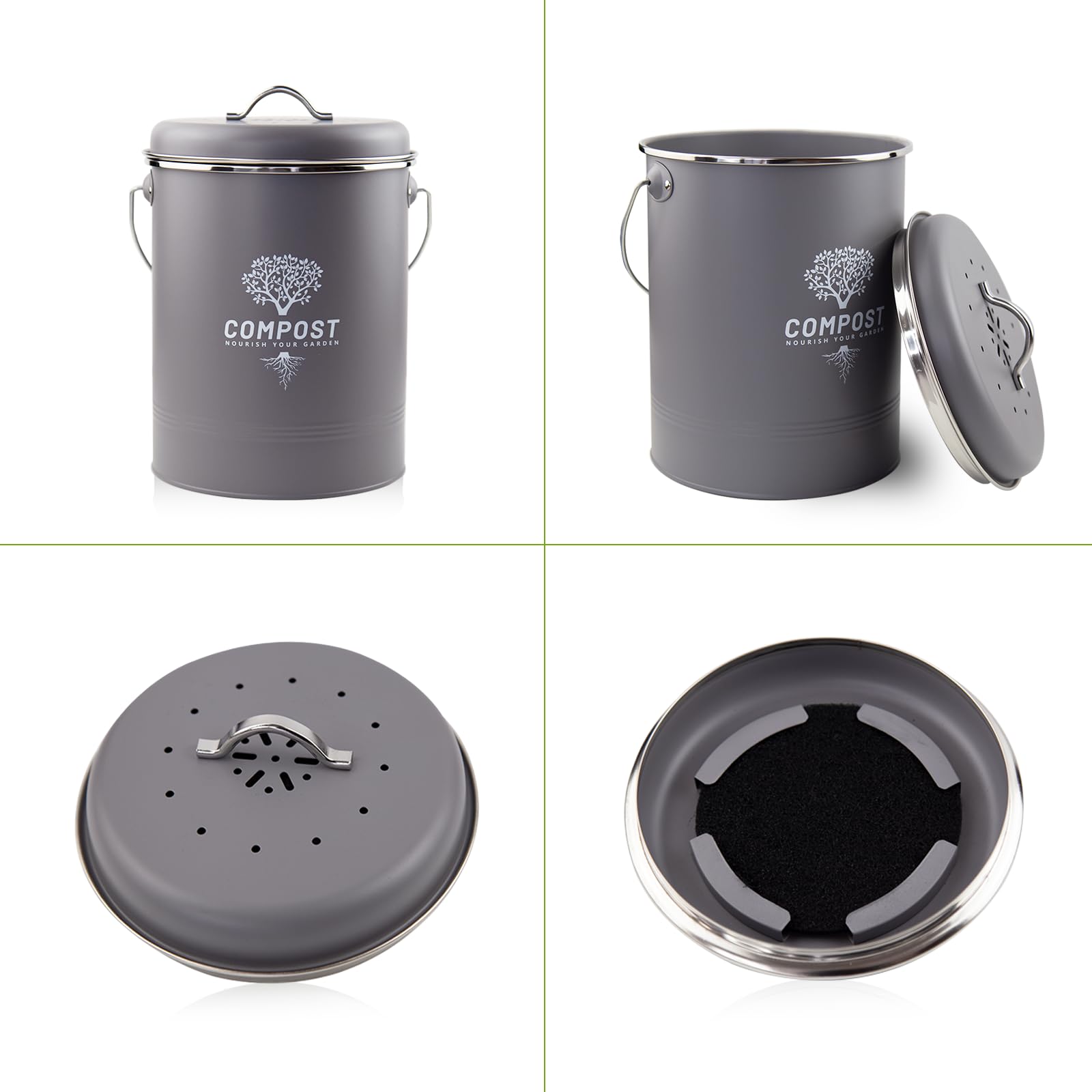Holismo Kitchen Countertop Compost Bin, Odor Resistant Indoor Compost Bin with Lid and Charcoal Filter, Rust Resistant Coated Compost Bucket, Compost Container, Gray