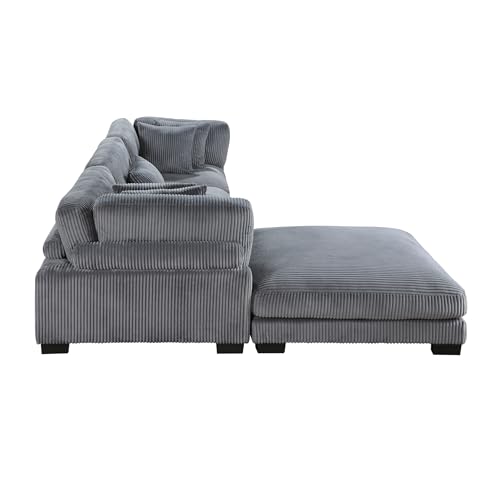 Lexicon Modular Sectional Sofa, Oversized Sectional Sofa, Corduroy Sectional Couch, Extra Large Sofa Set with 5 Matching Pillows, 4 Seater L Shape Sofa with Ottoman, Gray