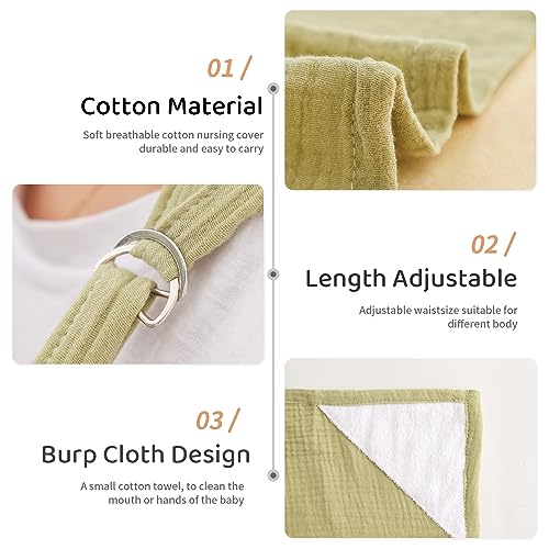 Muslin Nursing Cover for Baby Breastfeeding, Breathable 100% Soft Cotton Breastfeeding Cover with Adjustable Tie for Mother Nursing Apron, Multi-use Carseat Canopy Breastfeeding Essentials(Green)