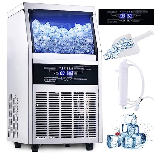 Zomagas Commercial Ice Maker Machine, 80-90LBS/24H Under Counter Ice Maker, Stainless Steel Freestanding Ice Machine with 28LBS Bin, Self-Cleaning, Scoop, Ideal for Home Bar Offices