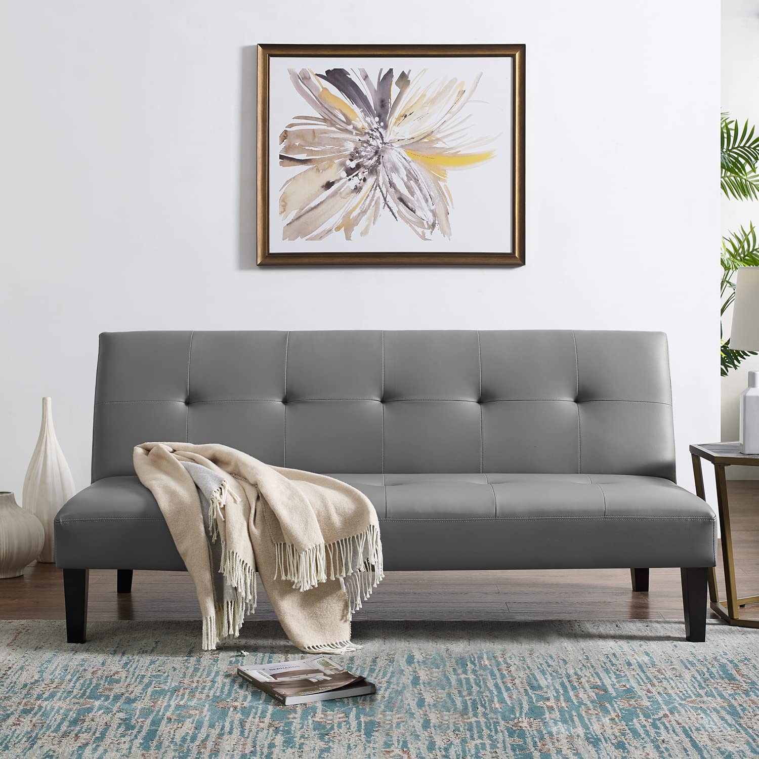 Naomi Home Gray Faux Leather Futon Sofa Bed, Modern Convertible Sofa with Wooden Legs, Reclining Small Couch Bed, Durable and Sturdy, 66'D x 32'W x 31'H