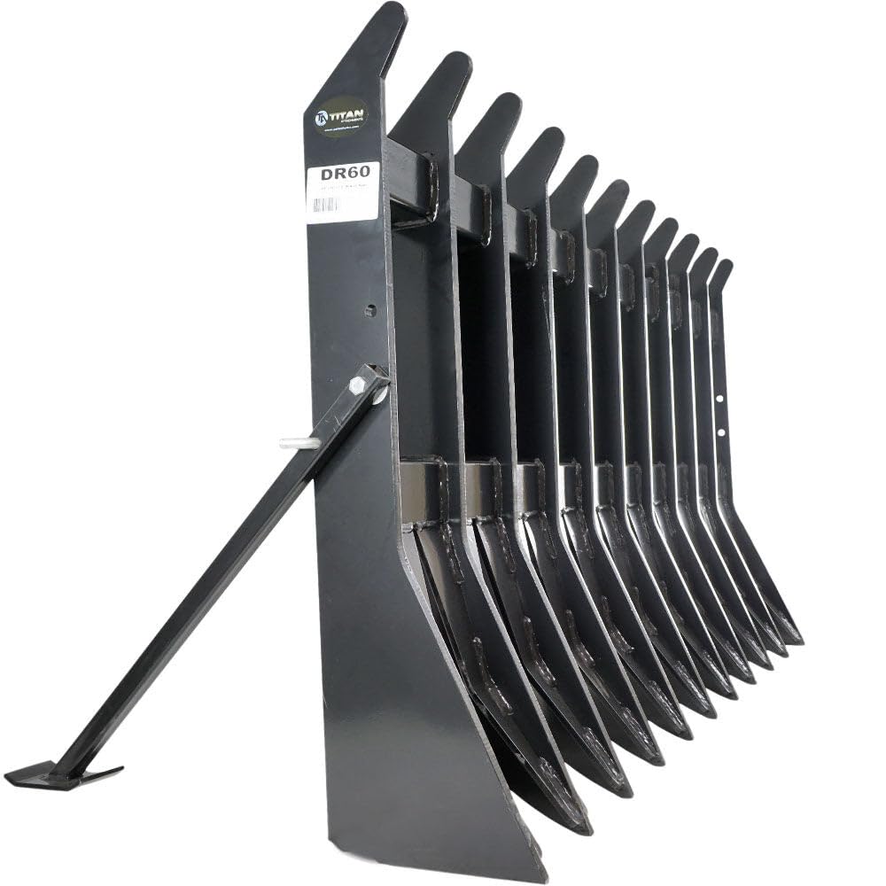 Titan Attachments Skid Steer Root Rake Attachment 60in Wide, Universal Quick Tach Hookup, Root Clearing Brush Rake, Land Clearing Site Prep Implement, Roll Debris, Silage, Brush to Burn Pile