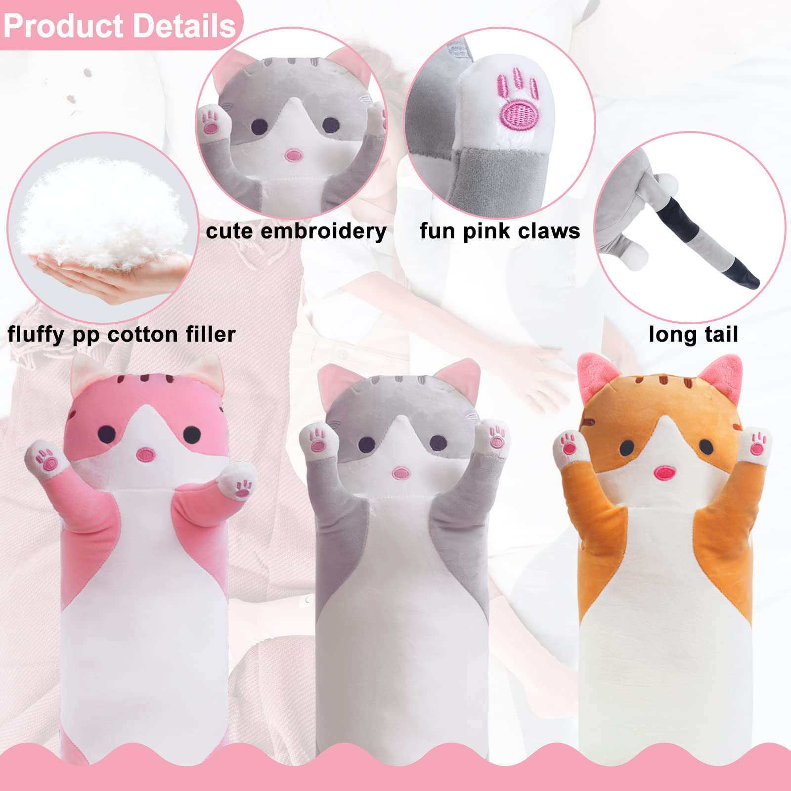 DOBUONO 19.68in Long Cat Plush Pillow - Cute Stuffed Animal for Kids - Soft Pink