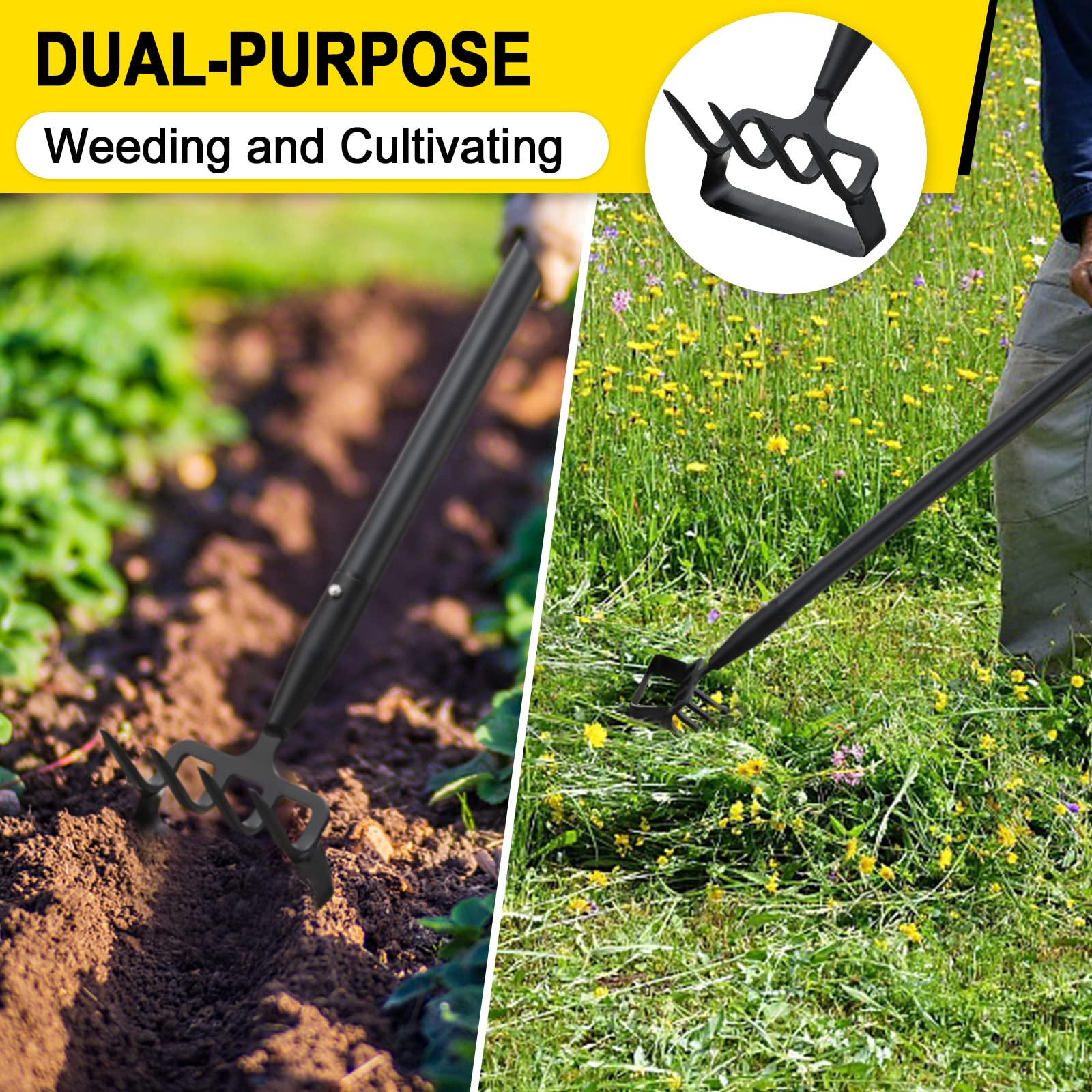 Garden Hoe, Cultivator Stirrup Hoe Garden Tool for Weeding, 62 Inch Heavy Duty Hula Hoe with Adjustable Long Handle, Action Scuffle Loop Hoe with Rake 2-in-1 Gardening Tool for Loosening Pulling Weed