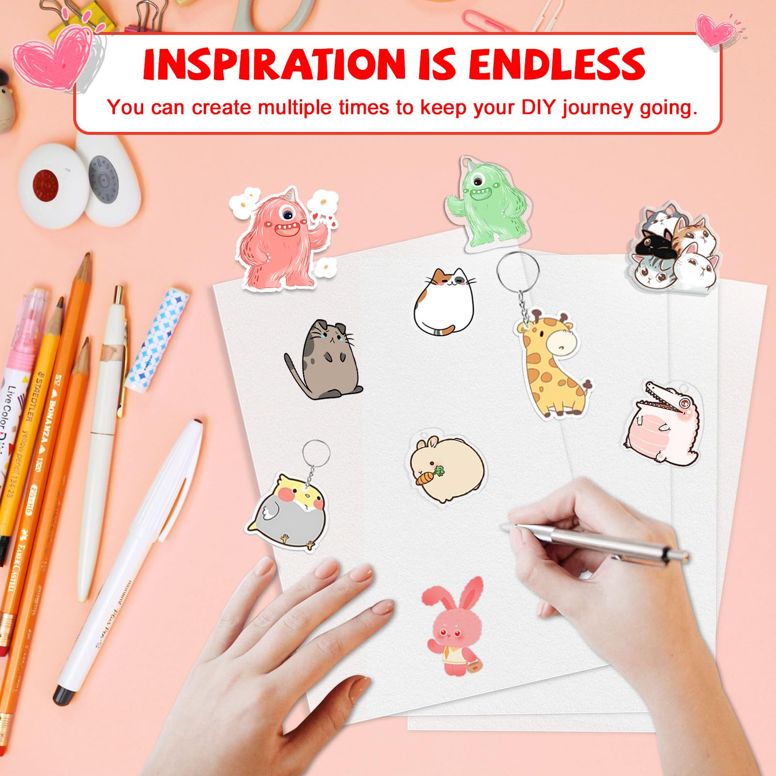 OFNMY 225PCS Shrinky Dinks Kits,Shrinky Dink Sheets,Shrink Plastic Sheets Kit with 25PCS Shrinky Dink Paper,100PCS Keychains and Open Iron Ring for Kids Creative Craft Marking, Handprint Keychains