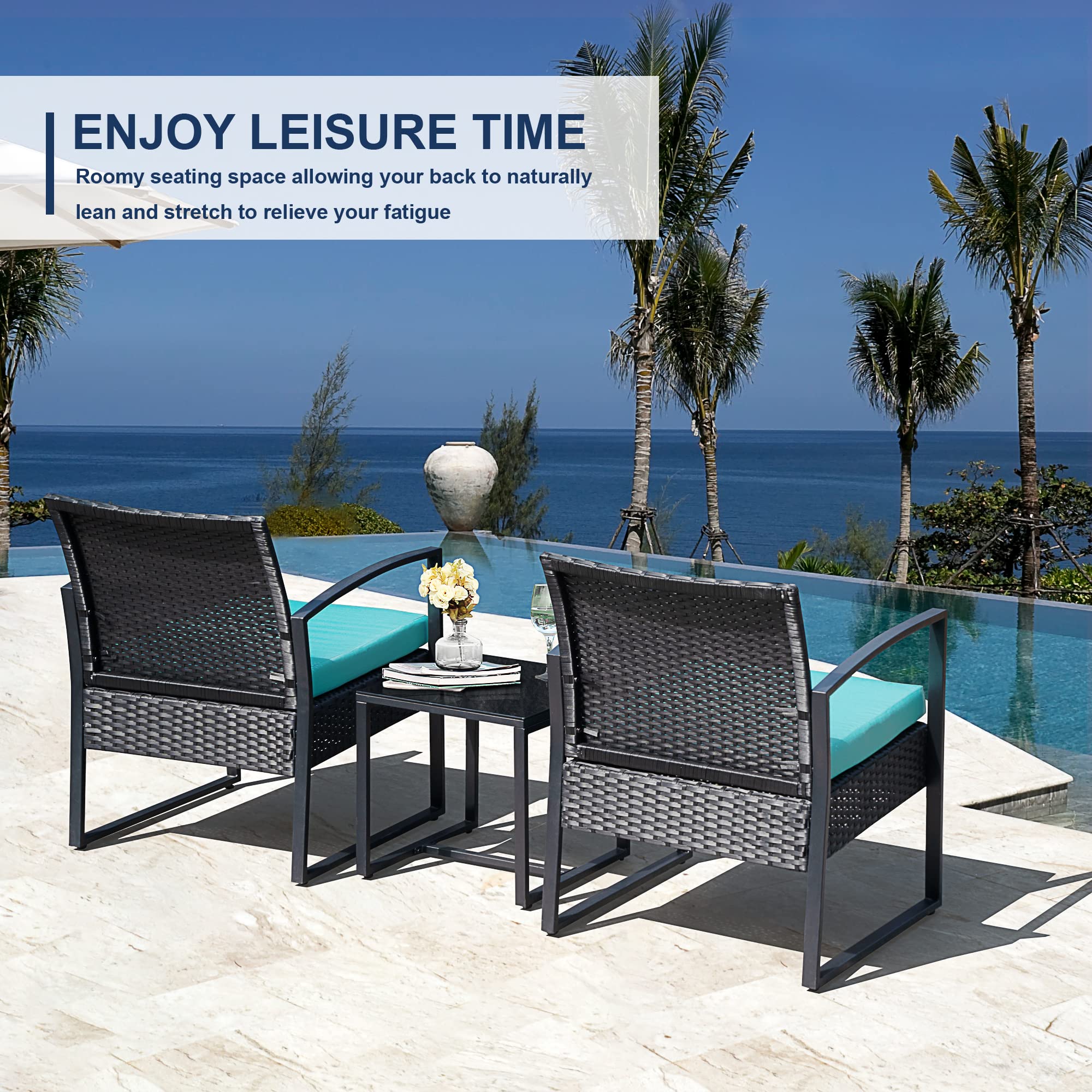 Skyfish 3 Pieces Patio Furniture Set Outdoor Wicker Patio Bistro Set Conversation Rattan Chair Set 3 PCS with Coffee Table for Yard & Bistro (Blue)