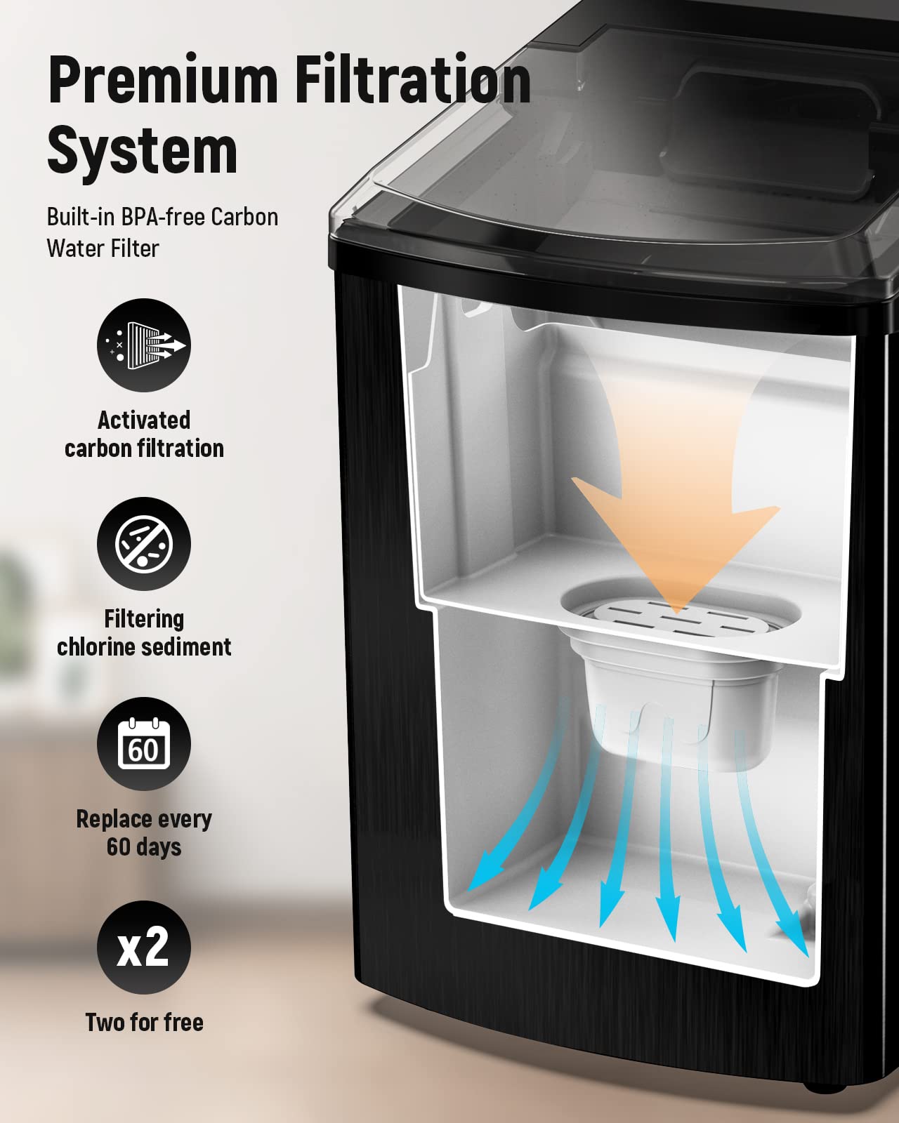 Freezimer Nugget Ice Maker Machine Countertop Sonic Ice | Pebble Ice Maker Chewable Soft Ice | Self Cleaning Pellet Ice Makers | 40lbs/24h