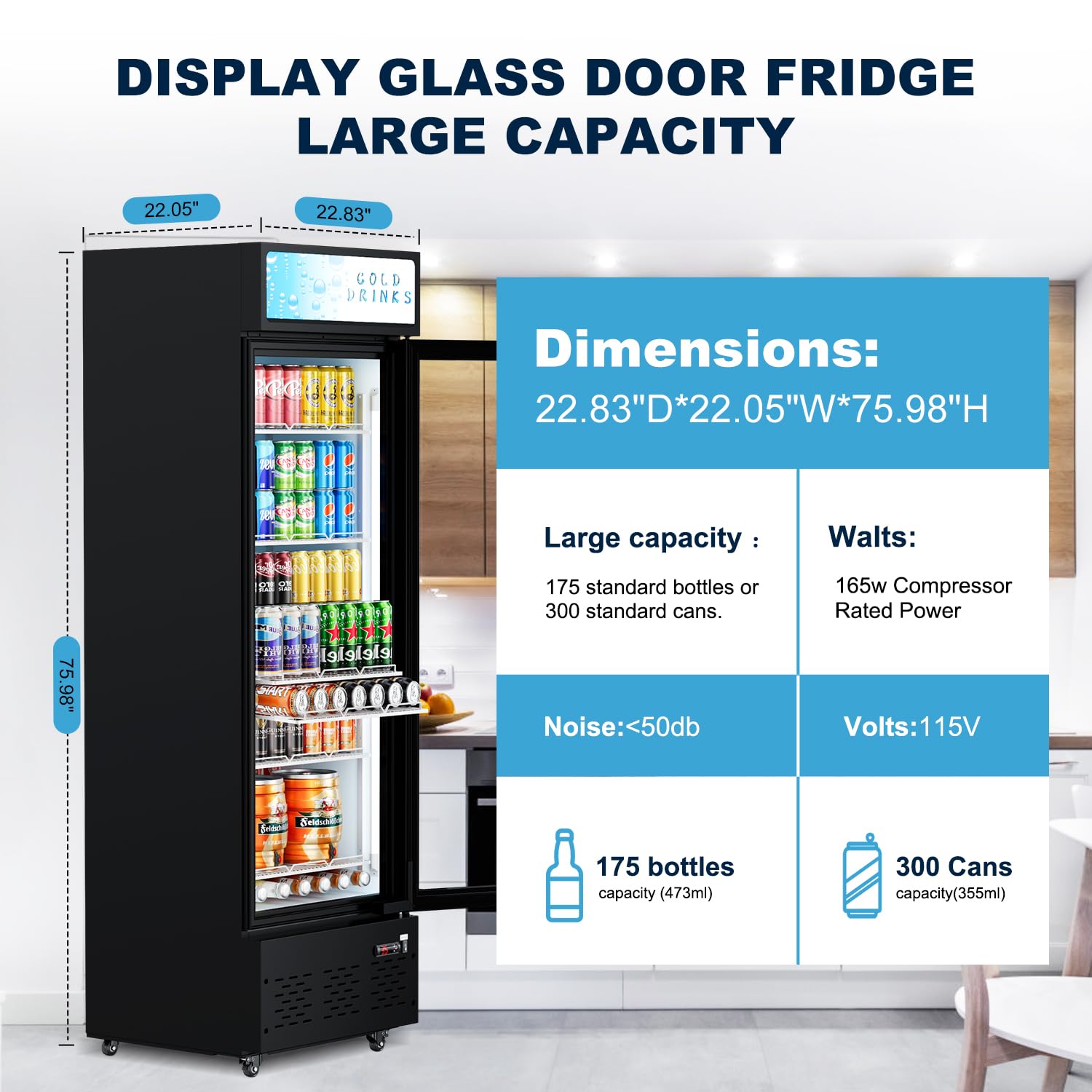 FreezLabs Glass Door Refrigerator Commercial Beverage Refrigerators with LED Light, 12 cu.ft and 5 Shelves, Display Refrigerator for Cafe Restaurant Store Bar, ETL/NSF Approved