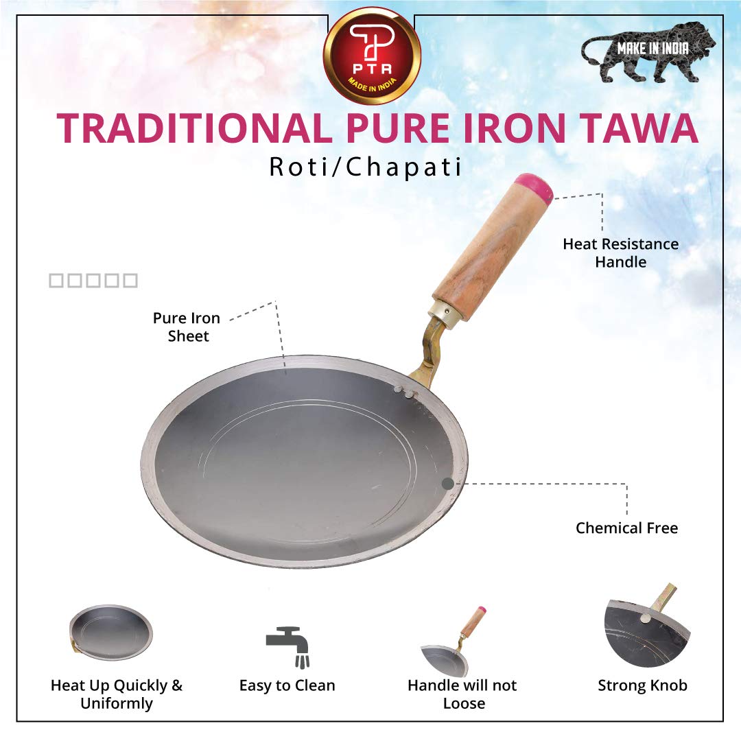 PTR Traditional Pure Iron/loha/lohakhand Tawa/Tava for Roti/Chapati with Wooden Handle(1 kg)