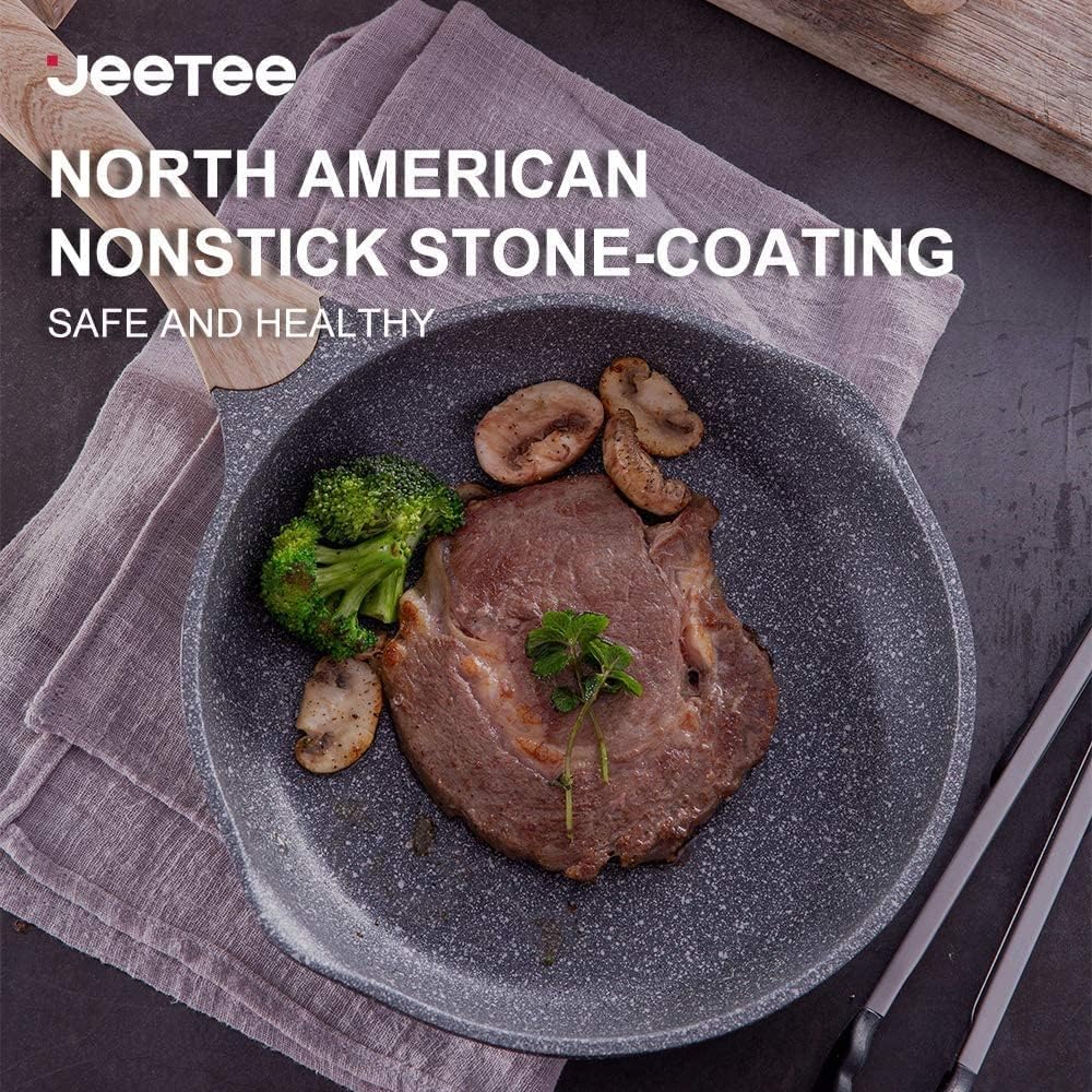 JEETEE Pots and Pans Set Nonstick, Granite Cookware Set, 8.5 Inch Frying Pan, 10 Inch Frying Pan and 2.0 Quart Saucepan with Lid (PFOA/PFOS Free), 4pcs Cooking Set (Induction, Gas, Ceramic, Electric)