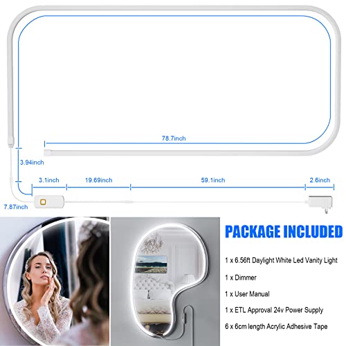 MY BEAUTY LIGHT LED Vanity Lights, 6000K Dimmable Daylight White Vanity Mirror Lights, 6.56FT Bright Makeup Light, ELT Approval 24V Stick on Lights for Bathroom Mirror, Full Length Mirror, Wall Mirror