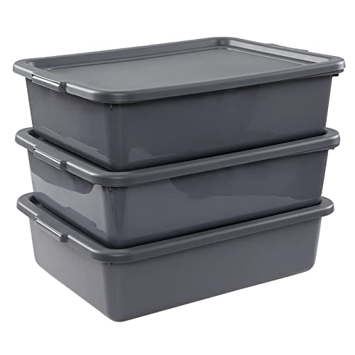 Zopnny Pack of 3 Plastic Bus Tub, Commercial Bus Box with Lid, Grey