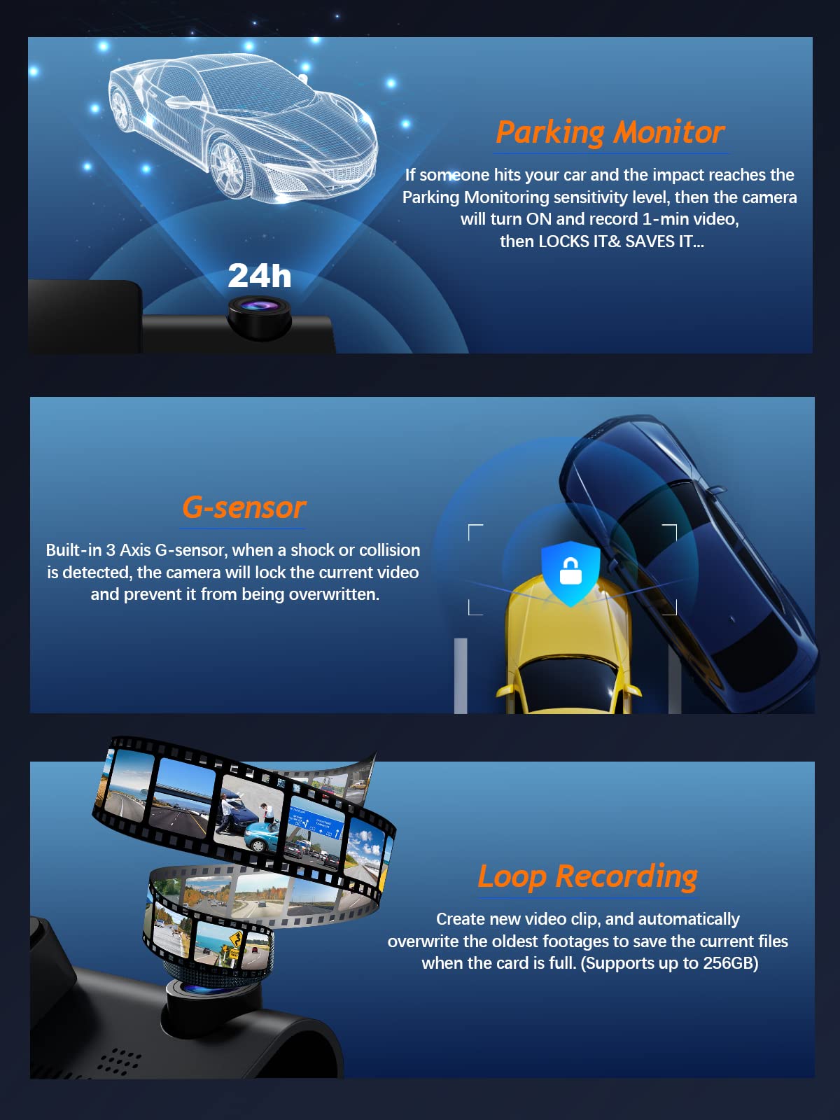 Dash Cam Front and Rear 4K+1080P WiFi Dash Camera for Cars with App, 24 Hours Parking Mode, G-Sensor, Loop Recording, Support 256GB Max