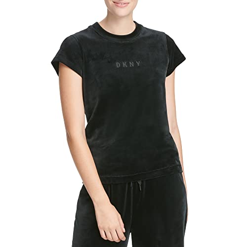 DKNY Women's Boxy Velour Fitted Short Sleeve Pullover, Black, Medium