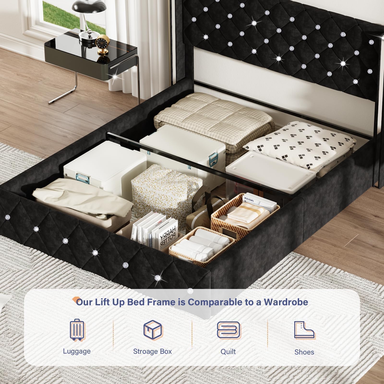 HOMBCK Full Size Bed Frame with Storage, Soft Upholstered Velvet Bed Frame with Diamond Headboard, Lift Up Storage Bed Frame with Sliver Wingback, Hydraulic Storage Bed, No Box Spring Needed, Black