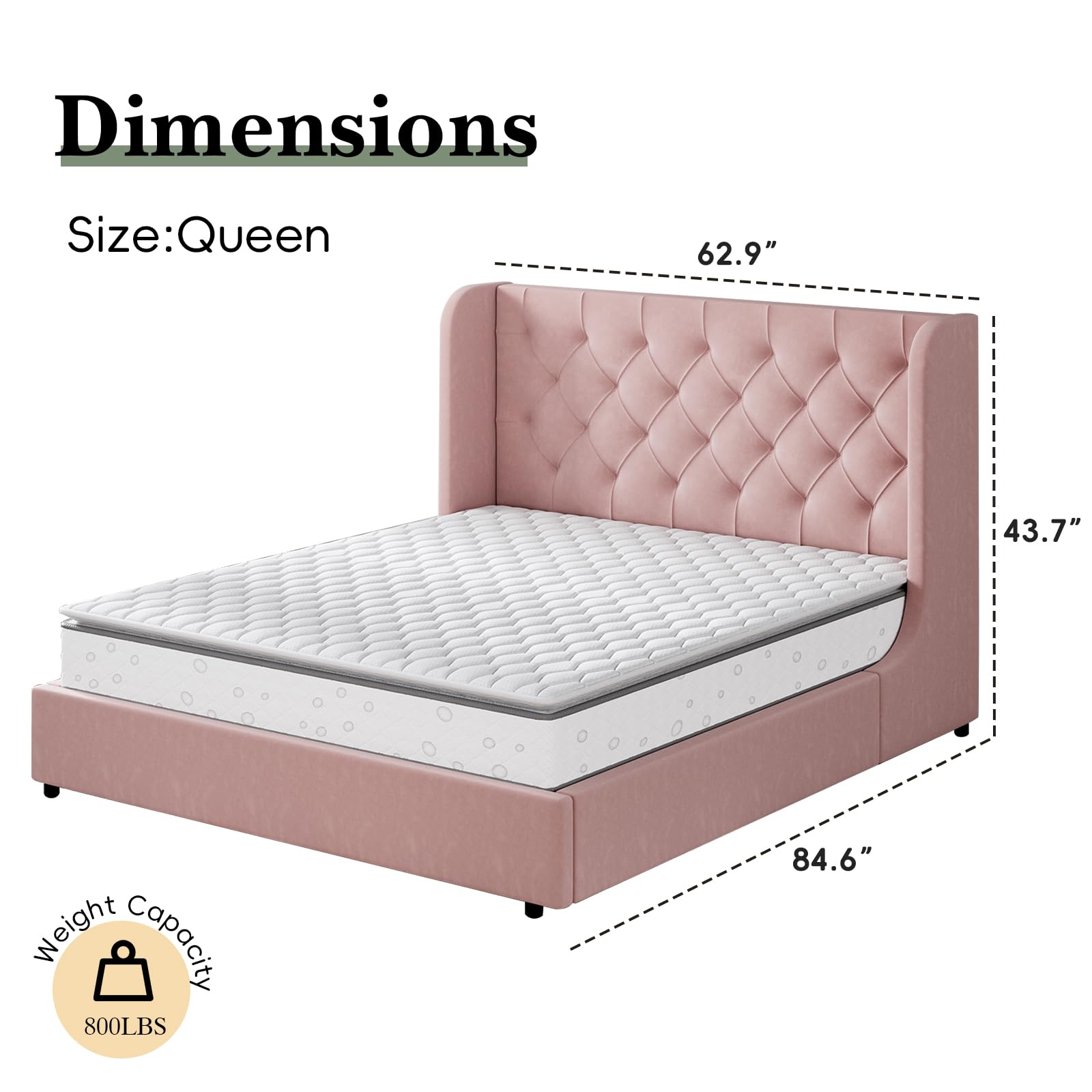 HOMBCK Queen Bed Frame, Pink Velvet Upholstered Bed Frame with Headboard and Wide Wingback, Soft Bed Frame Queen, No Box Spring Required, Noise Free, Easy Assembly, Pink