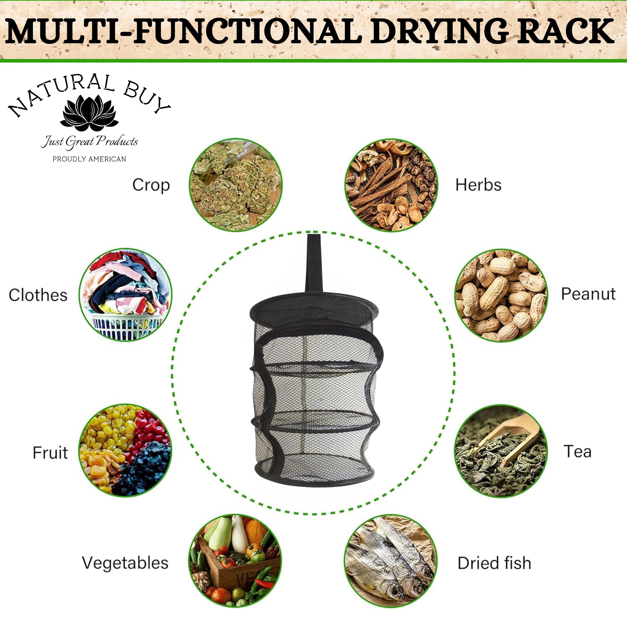 Natural Buy 9 Inch 3 Level MICRO Hanging Dry Net Indoor/Closet Drying Rack for Herbs, Organizer, Freshner - Black Mash Screen with Top-to-Bottom Zipper - Apartment Size with Zipped Storage Pouch
