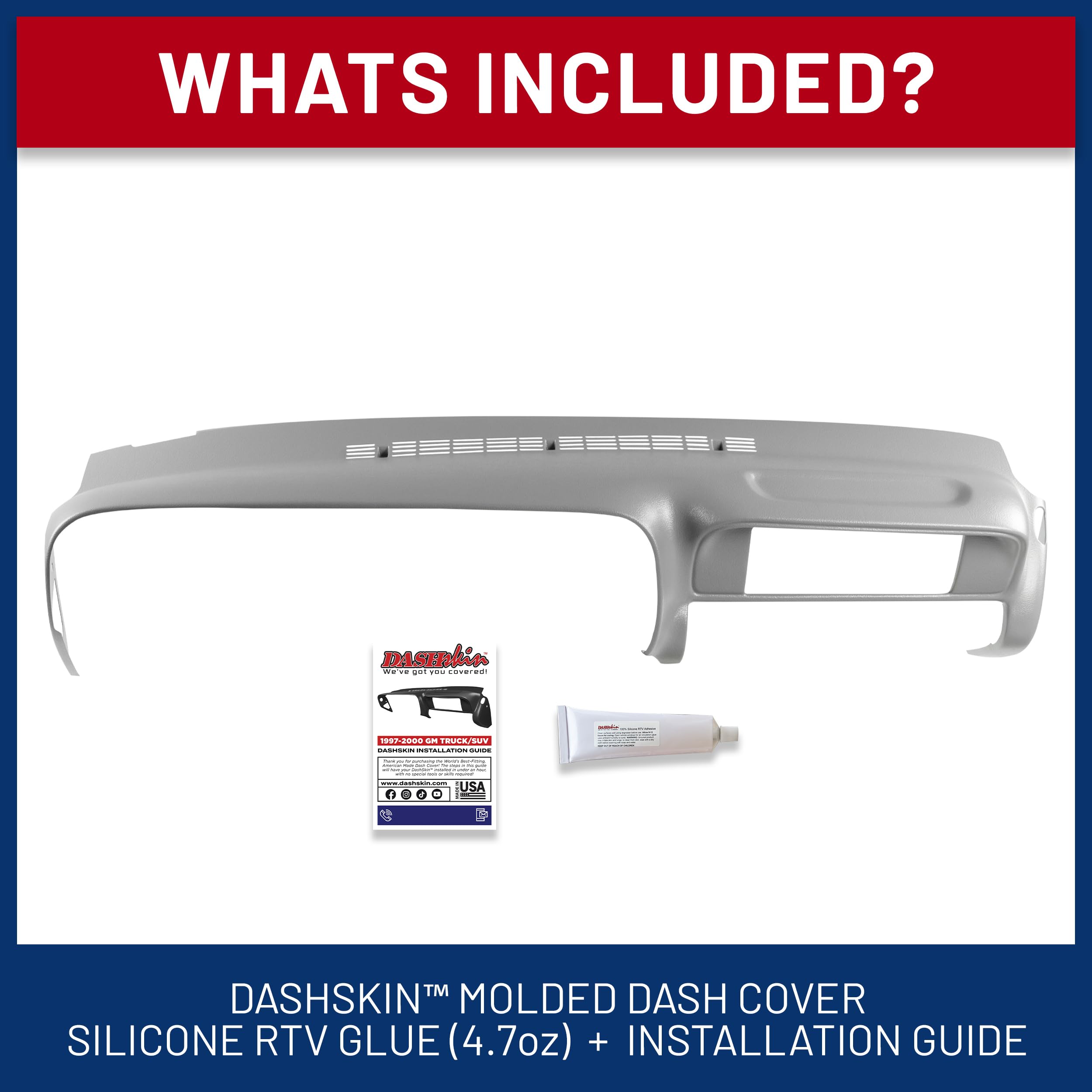 DashSkin Molded Plastic Dash Cover Compatible with 1997-2000 C1500/K1500 Tahoe Suburban Yukon & 1997-2000 Escalade in Medium Grey - Easy Cracked Dashboard Fix - Made in America