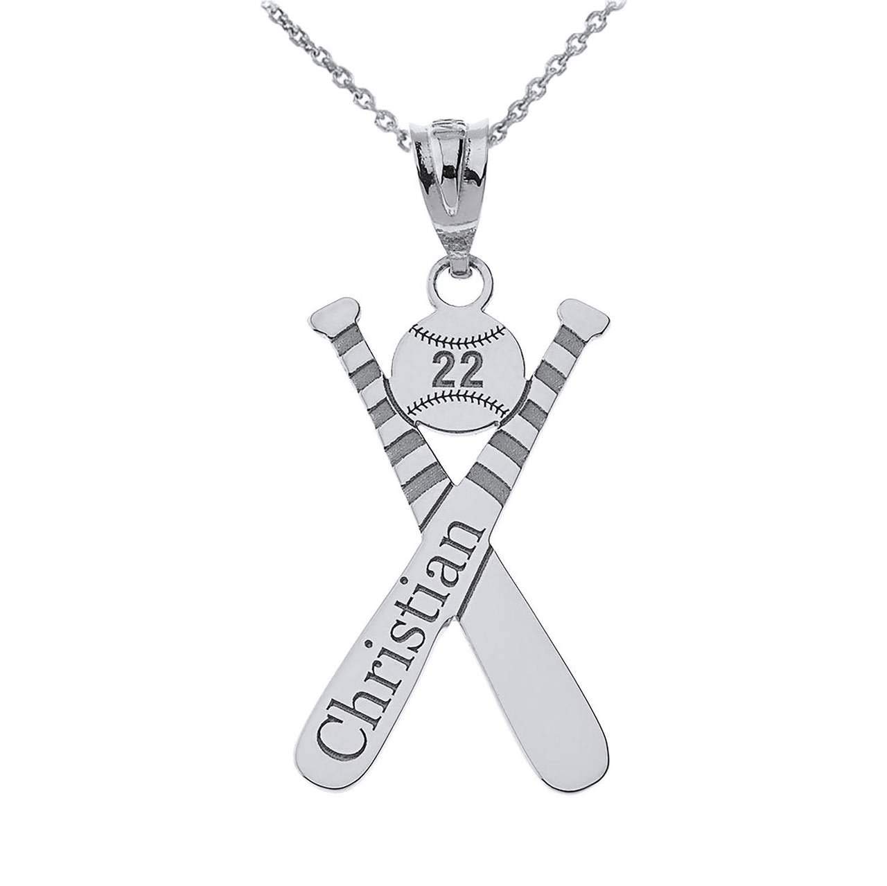 Certified 14k White Gold Personalized Baseball and Baseball Bat Cross Sports Necklace with Your Name and Number, 18"