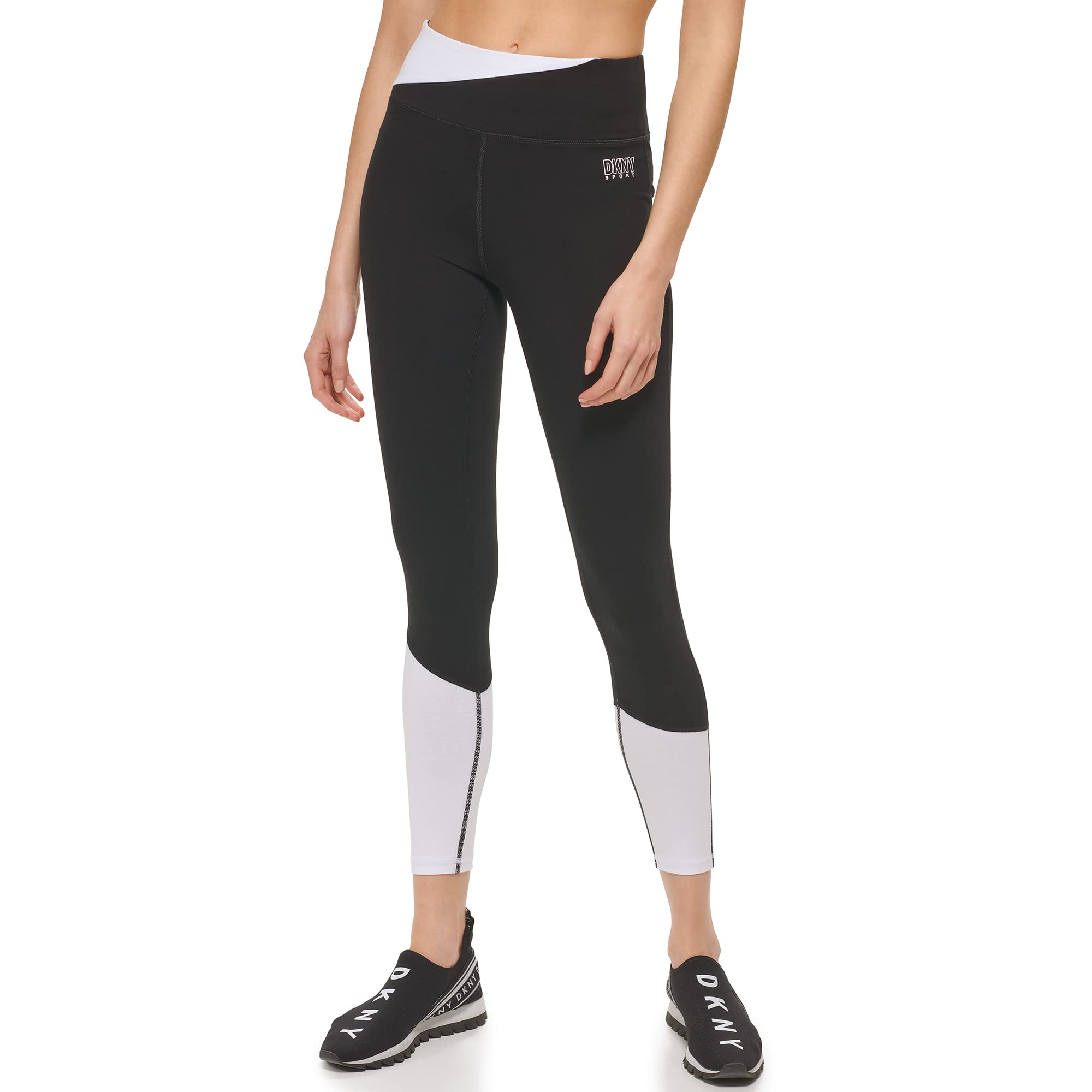DKNY Women's Sport Tummy Control Workout Yoga Leggings, Black/White, X-Large