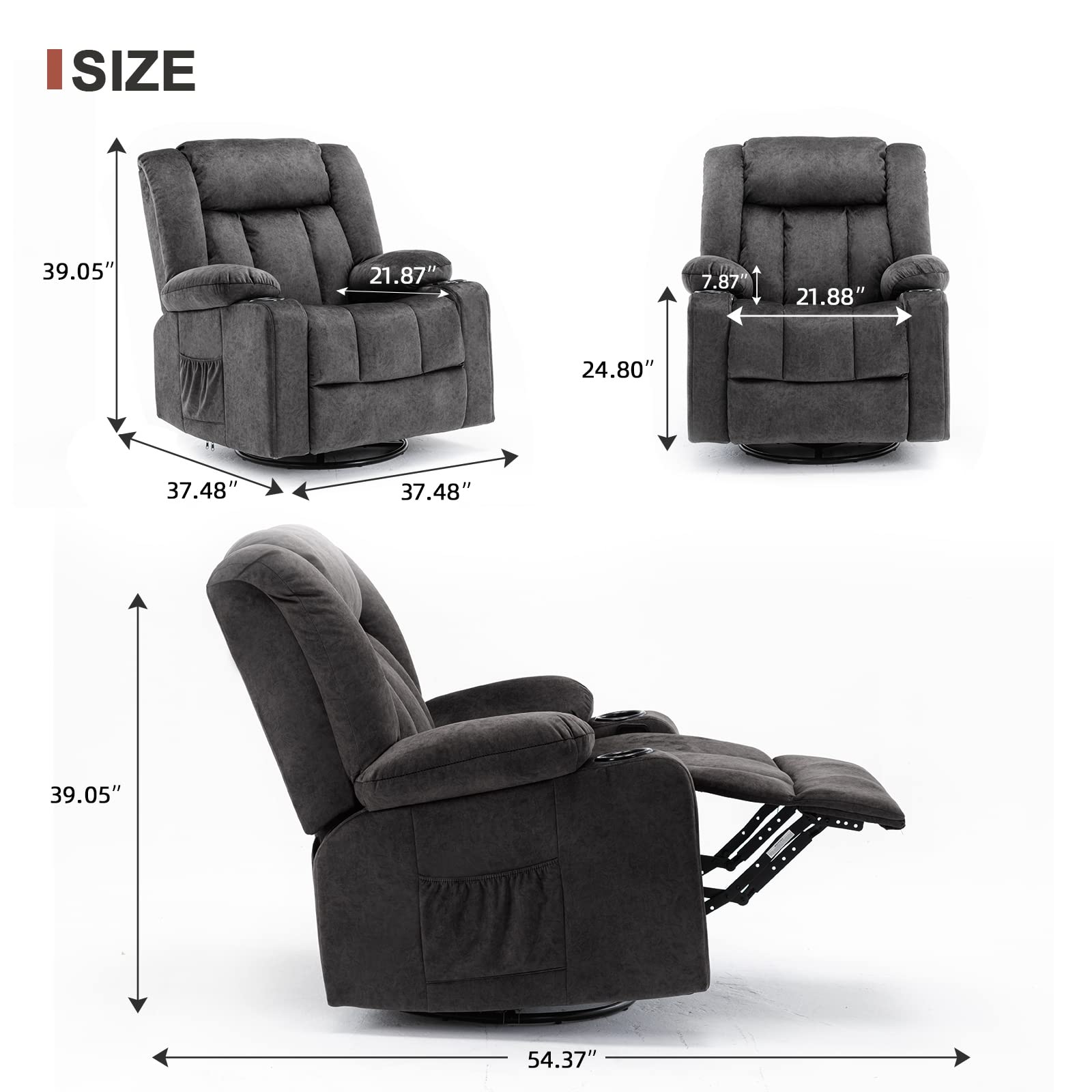 COMHOMA Recliner Chair Massage Rocker with Heated 360 Degree Swivel Lazy Boy Recliner Single Sofa Seat with Cup Holders for Living Room (Gray)