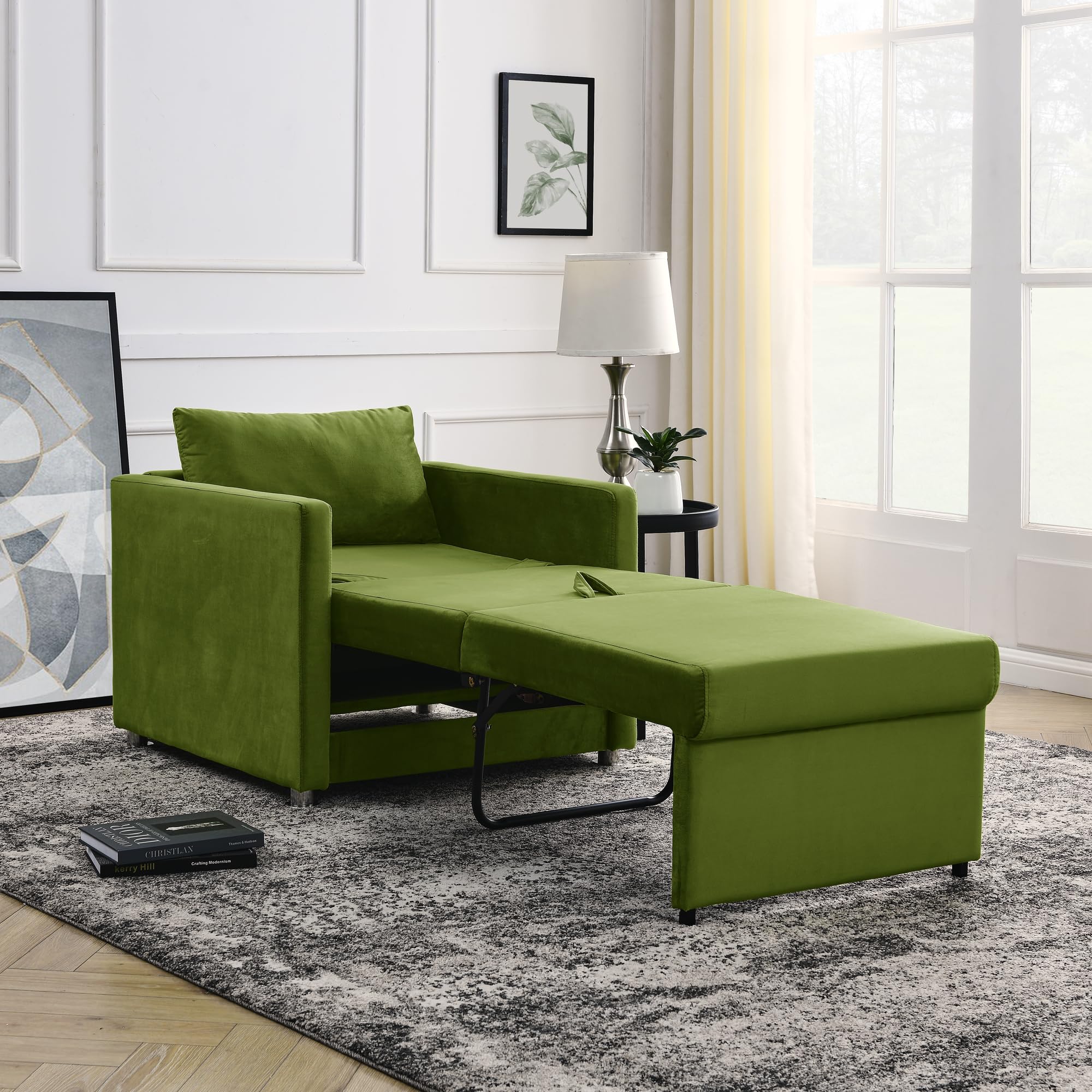 LIADTOP Convertible, 2-in-1 Multi-Functional Sofa Bed with Velvet Upholstery and Pillow, Compact Lounger Sleeper Chair for Living Room, Perfect for Small Spaces, Green