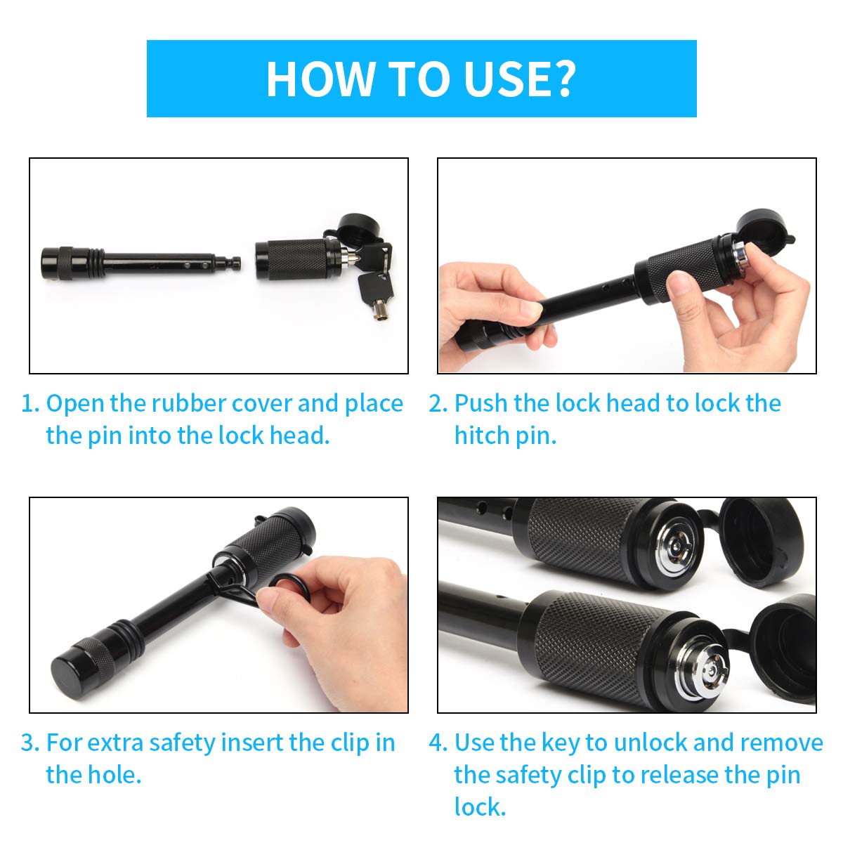 Coitak Trailer Hitch Lock Pin Set, 5/8" Black Tow Hitch Receiver Lock with Anti-Rattle, Extra-Long Locking Hitch Pin with Heavy Duty (5/8" Hitch Lock)