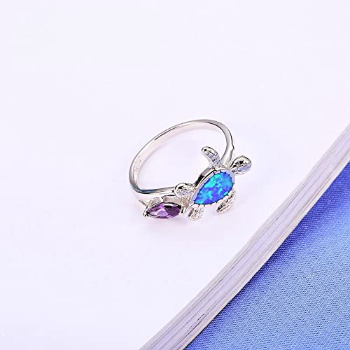 Fire Opal Ring Blue And Purple Color Wedding Band Luxury Turtle Jewelry 925 Sterling Silver Ring For Women