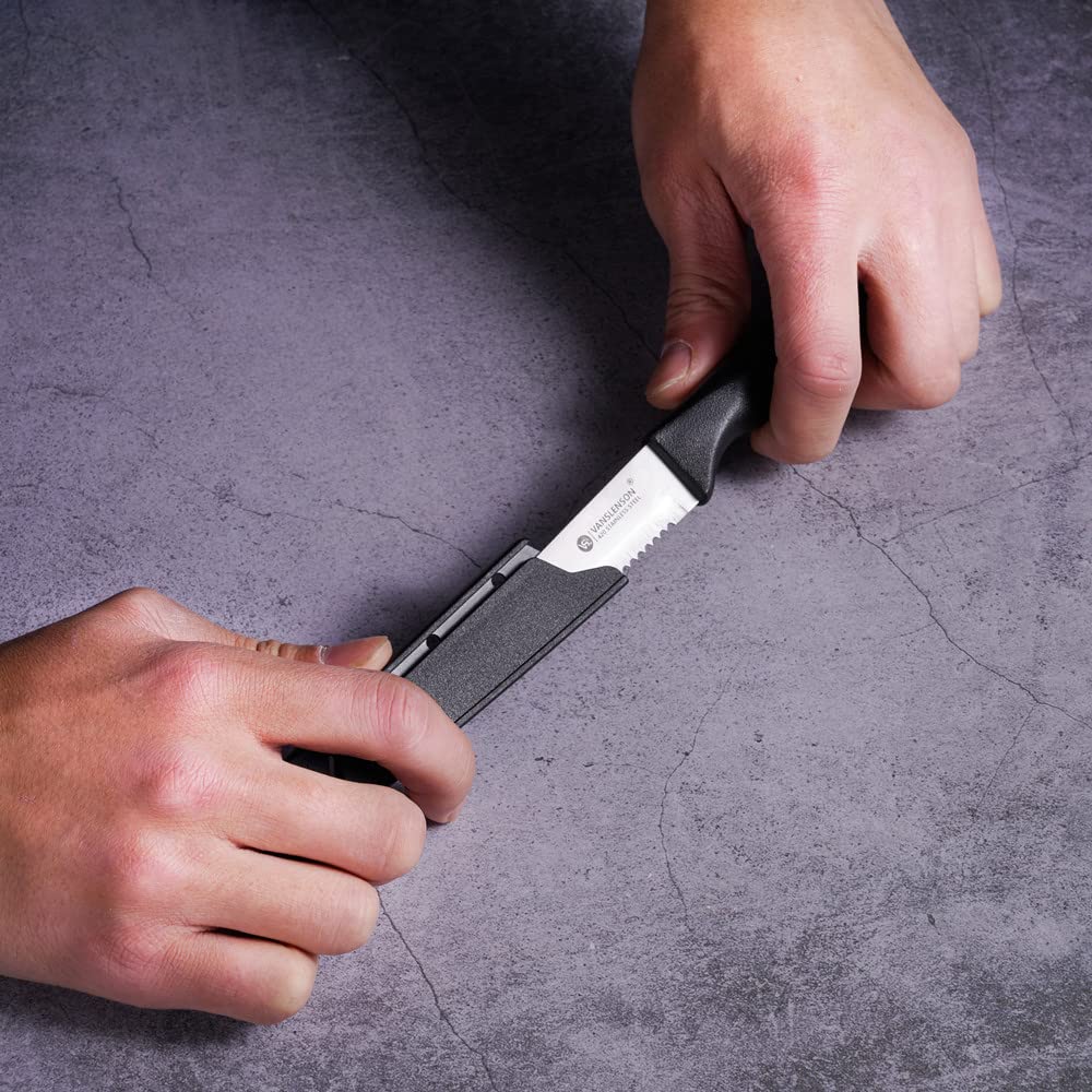 VSL VANSLENSON Multipurpose Kitchen Knife set 4 inch Paring Knife with Cover, Steak Knife, 5 inch Utility Knife, 5 inch Serrated Blade Knife Black Handle (Set of 4 mixed combo)