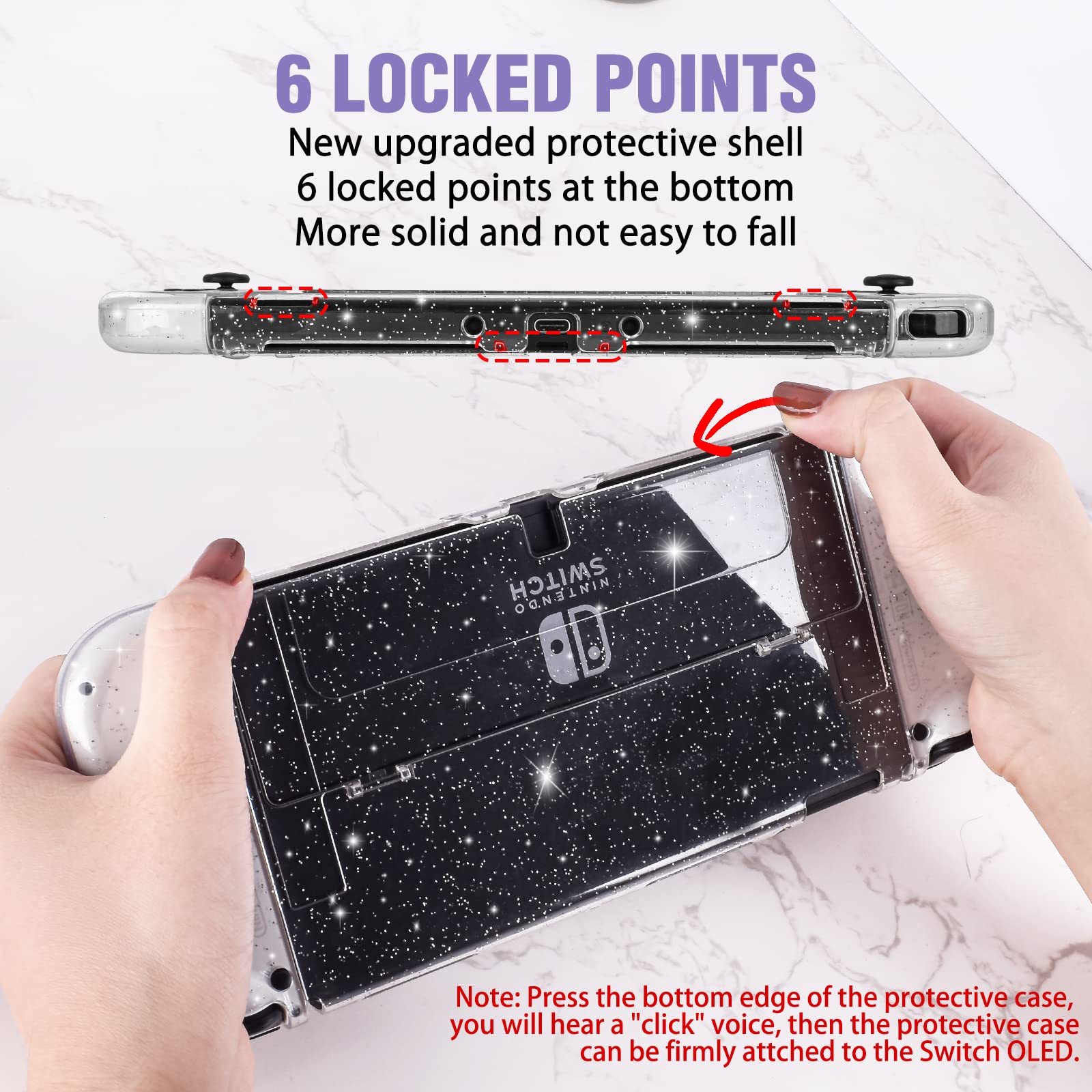 DLseego Glitter Theme Switch OLED Case Set Bling Protective Dockable Crystal Cover with Pink & Purple Shiny Cat Claw Thumb Grips and Sparkly Bear Charm