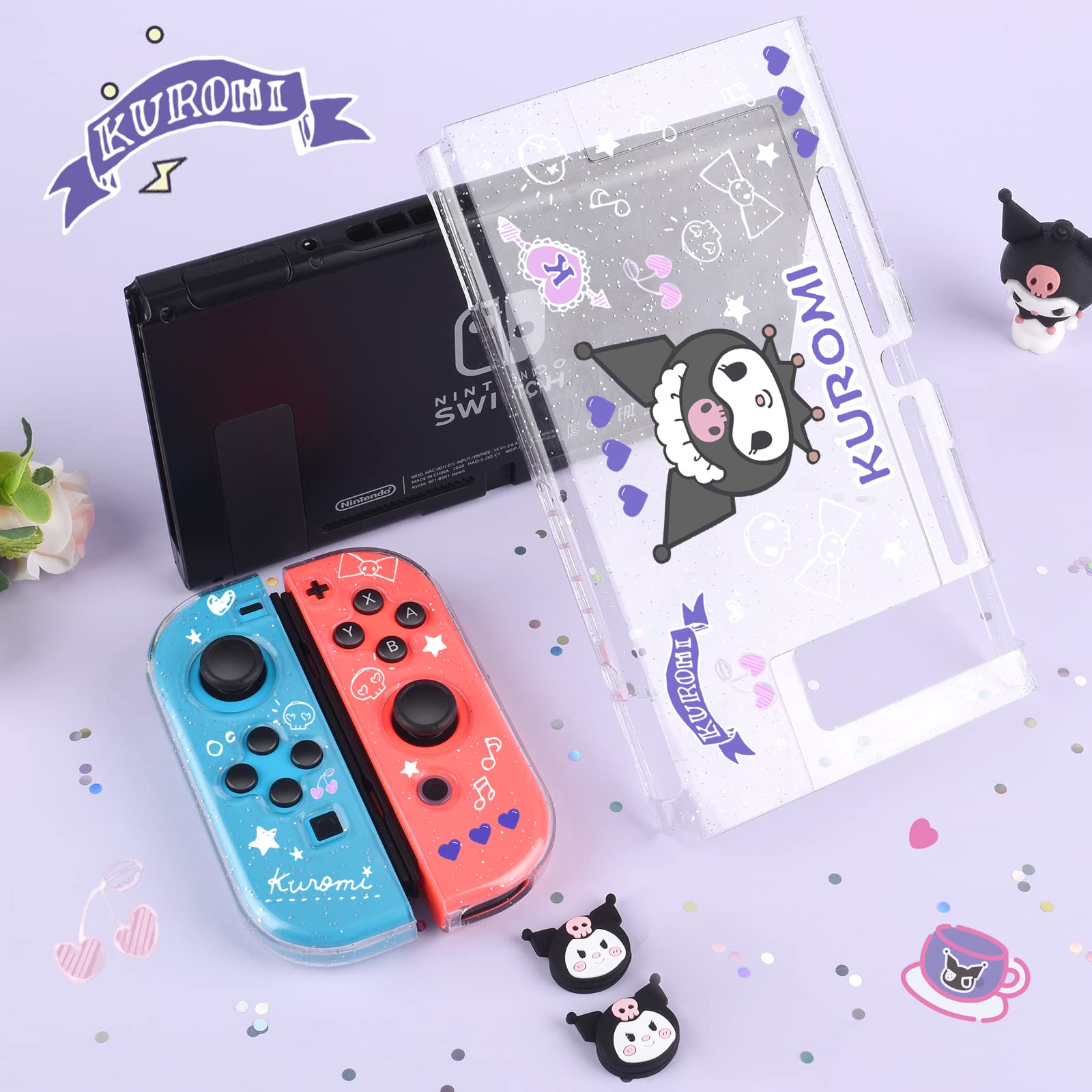 DLseego Little Troublemaker Rabbit Glitter Switch Protective Case Demon Clear Dockable Anti-Scratch Hard Shell Soft TPU Shock-Absorption Joy Con Cover with 2PCS Cute Cartoon Thumb Grips Caps
