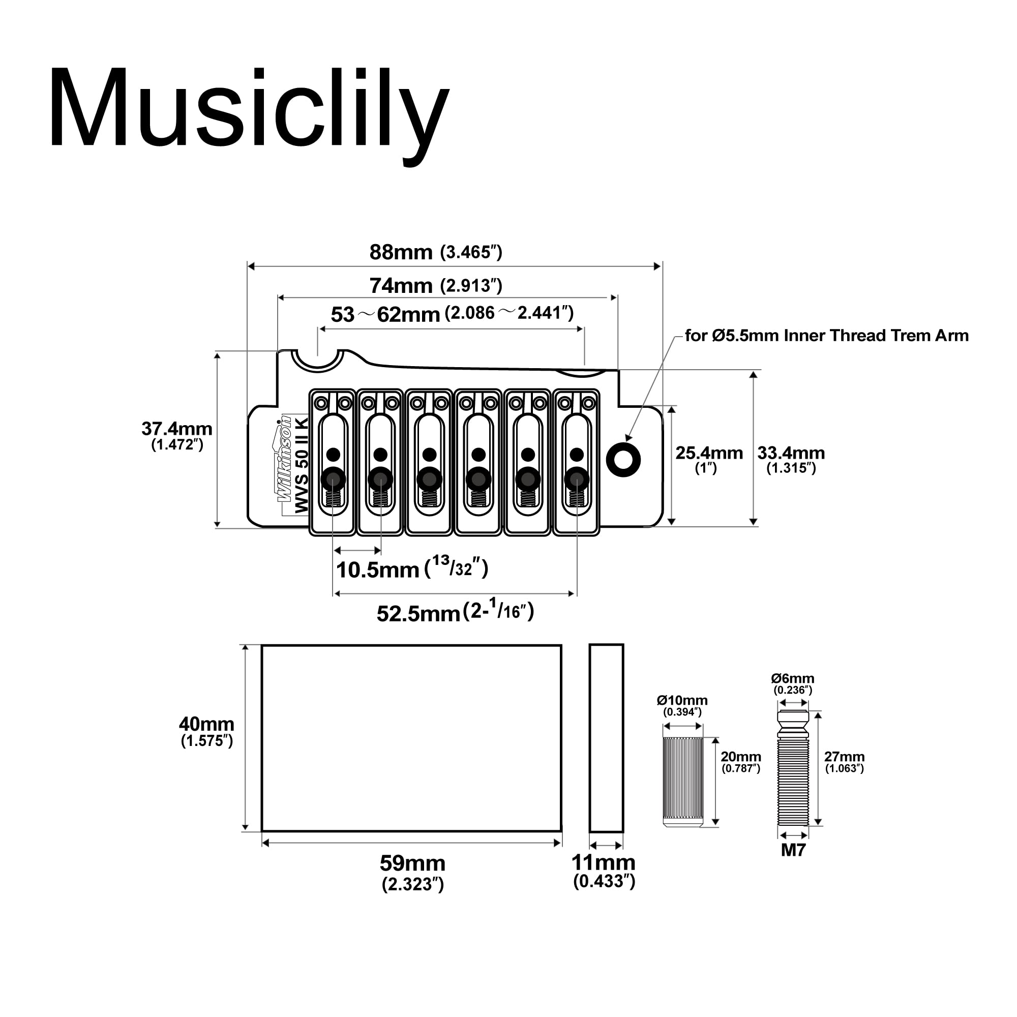 Wilkinson WVS50IIK 52.5mm String Spacing 2-Point Steel Saddles Tremolo Bridge with Full Steel Block for USA/Mexico/Japan/Korea Strat Electric Guitar, Black