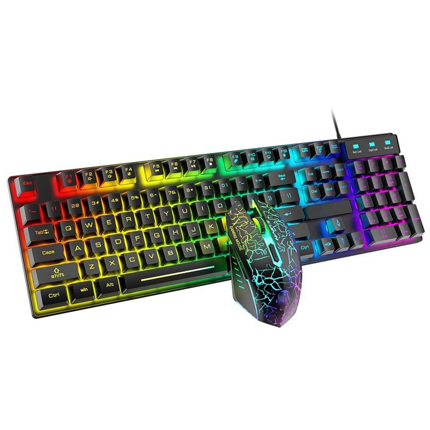 EXHNLE RGB Rainbow Backlit Gaming Keyboard and Mouse Combo, USB Wired Bundle for Laptop Computer Gamer Game Office (Color : Black)