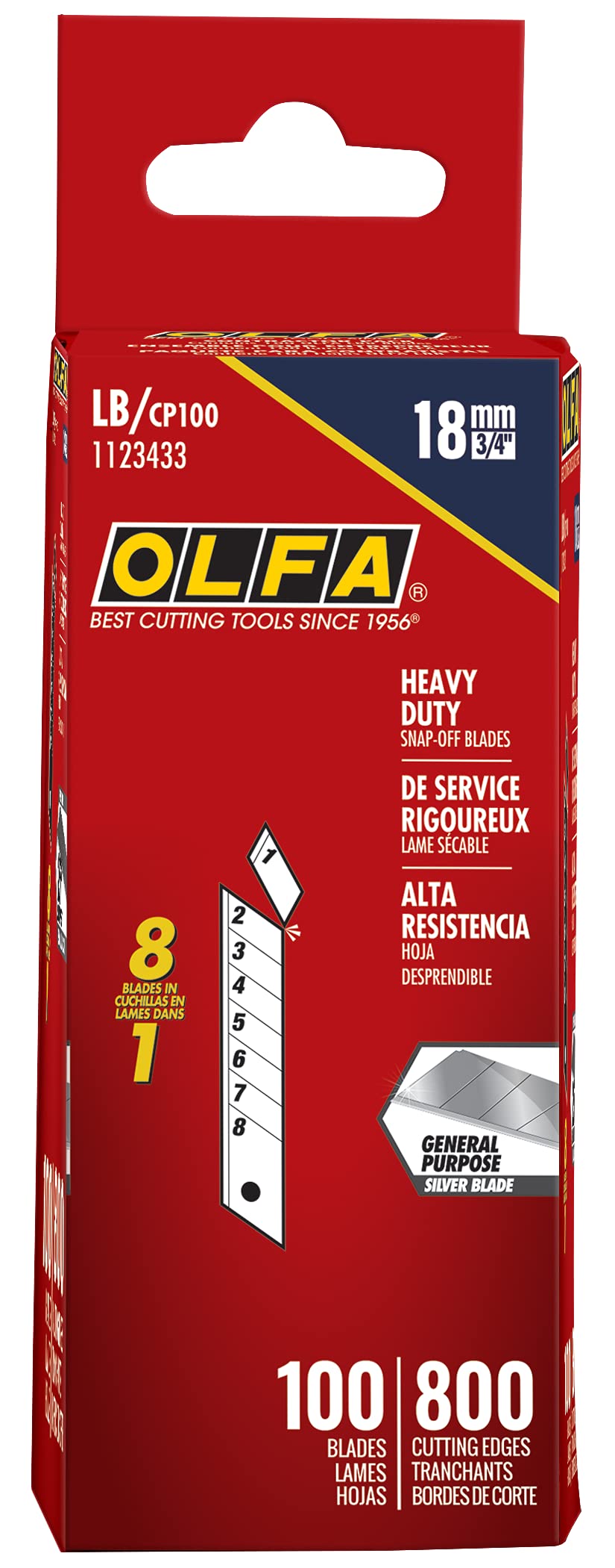OLFA 18mm Heavy-Duty Snap Off Replacement Blades, 100 Blades (800 segments) LB/CP100 - Snap-Off Utility Knife Replacement Blades, Fits most 18mm Utility Knives