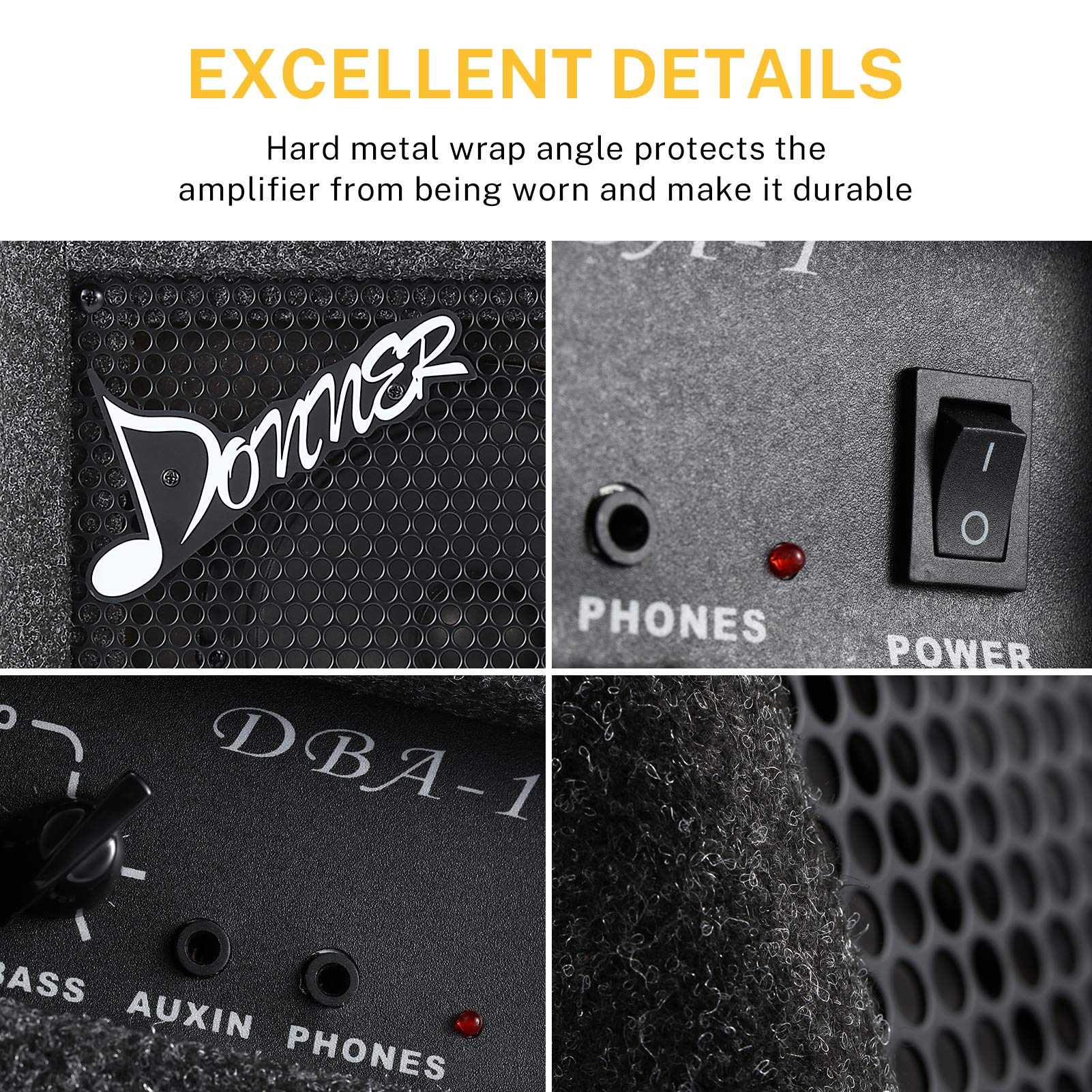 Donner Bass Amp 15W Bass Guitar Amplifier DBA-1 Electric Practice Bass Combo AMP & Donner Guitar Cable 10 ft 2 Pack