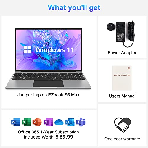 jumper Laptop 16 Inch FHD IPS Display (16:10), Intel Celeron Quad Core Processor, 4GB DDR4 RAM 128GB Storage, Laptops Computer with Office 365 1-Year Subscription Included, 4 Stereo Speakers, Gray.