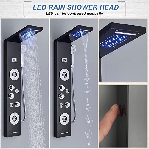 FCOTEEU Multi-Function Shower Panel with Temperature Display,LED Rainfall Waterfall Shower Head 2 Rain Massage Jets and 2 Mist Spray Shower Panel Tower System,Black