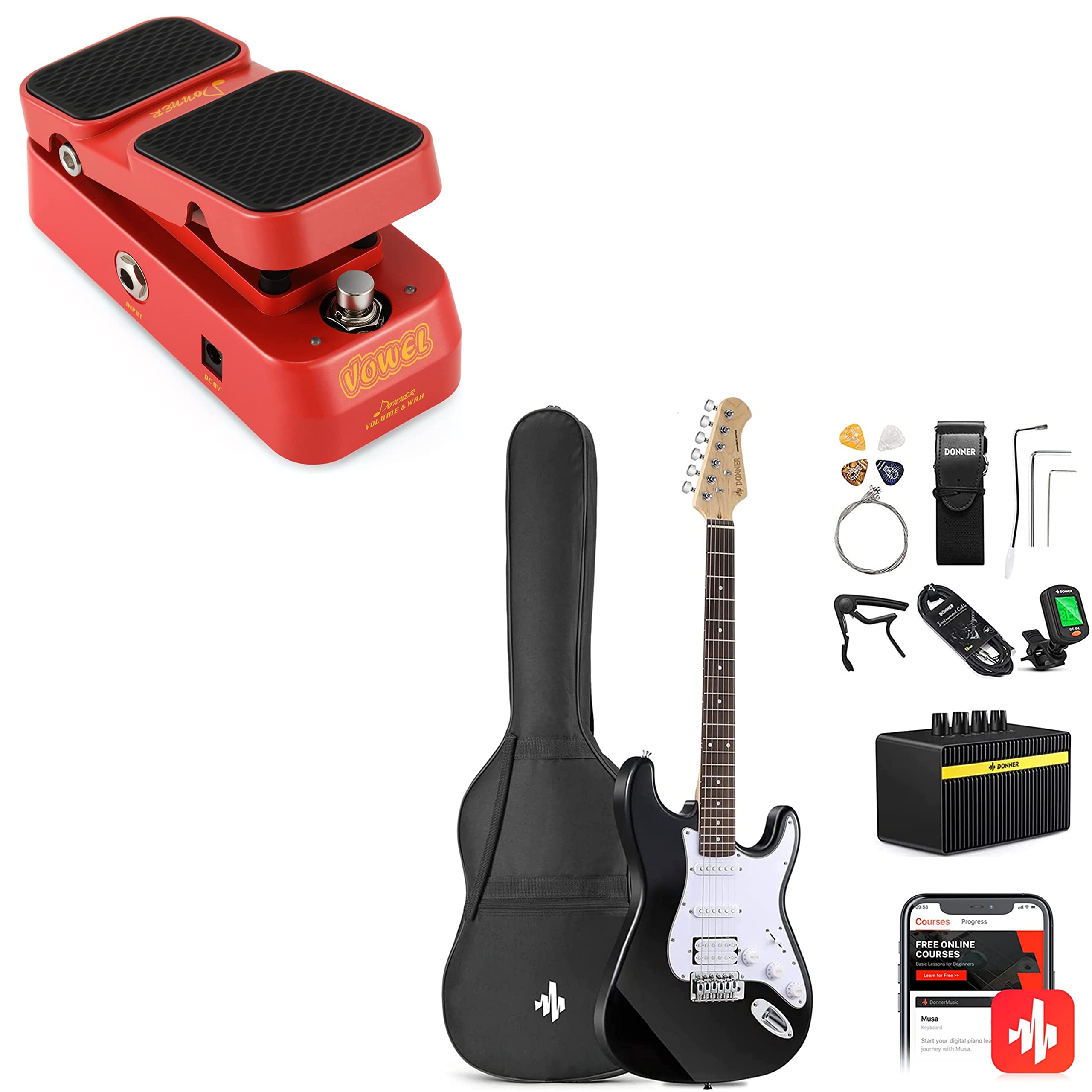 Donner DST-100B 39 Inch Electric Guitar Beginner Kit + Wah Guitar Pedal